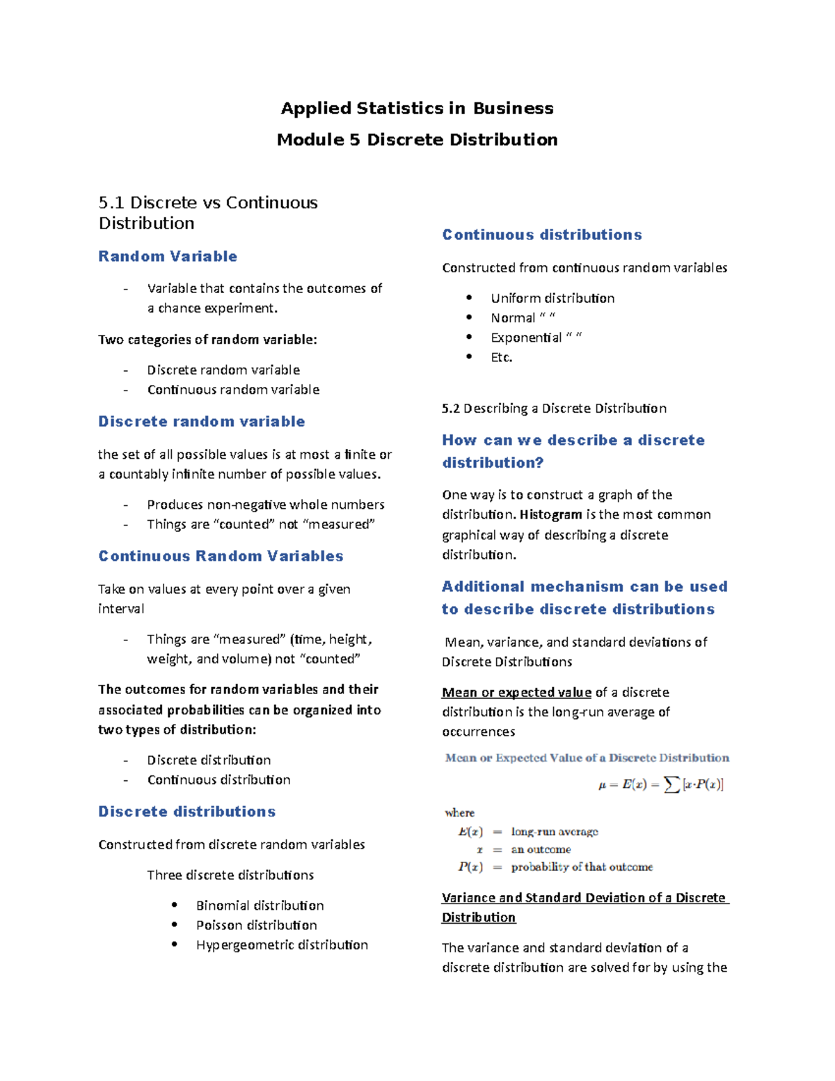 Stats MOD5 Reviewer - Applied Statistics in Business Module 5 Discrete Distribution - Applied ...