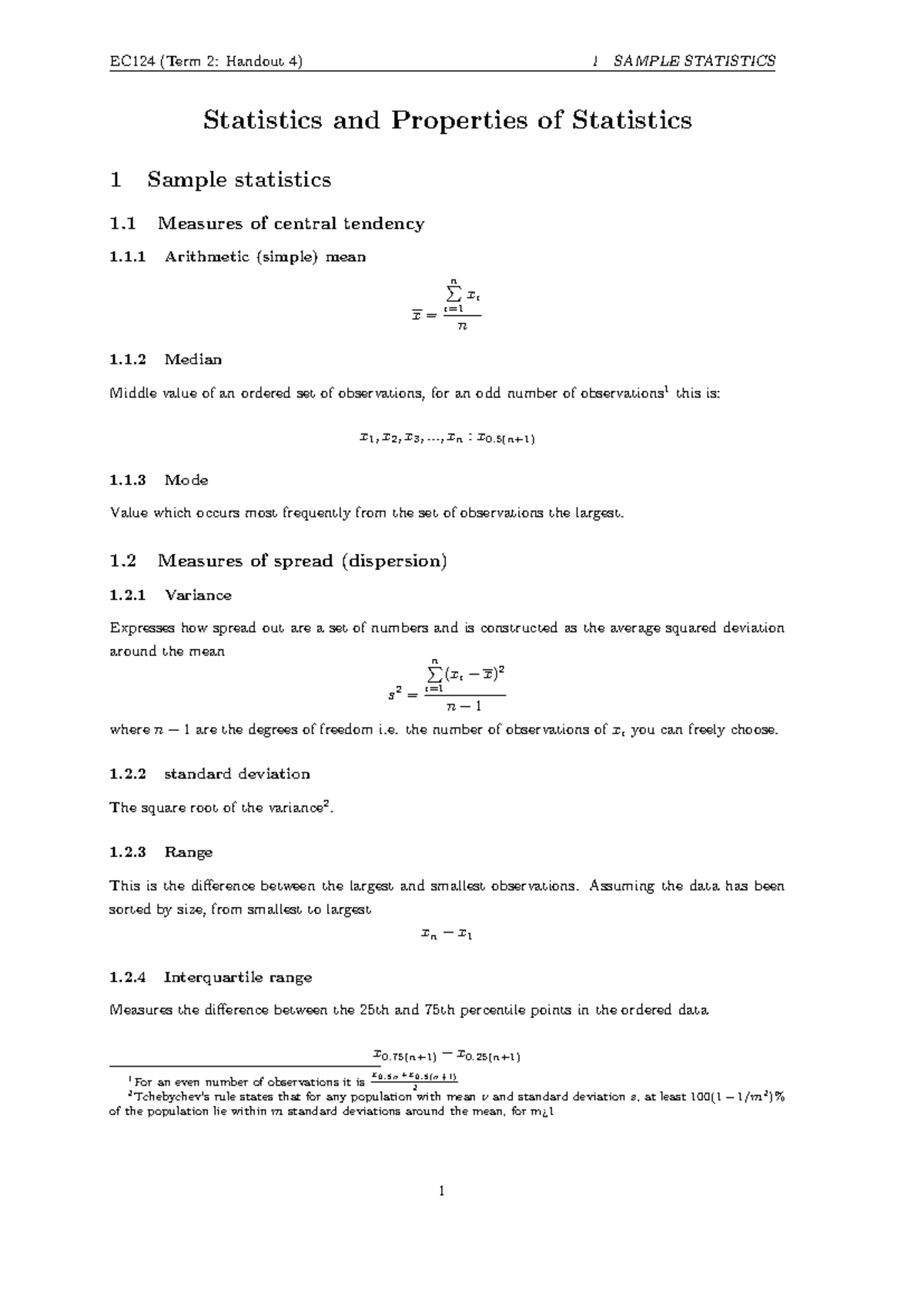 Handout 04 Properties of Statistics - EC124 (Term 2: Handout 4) 1 ...