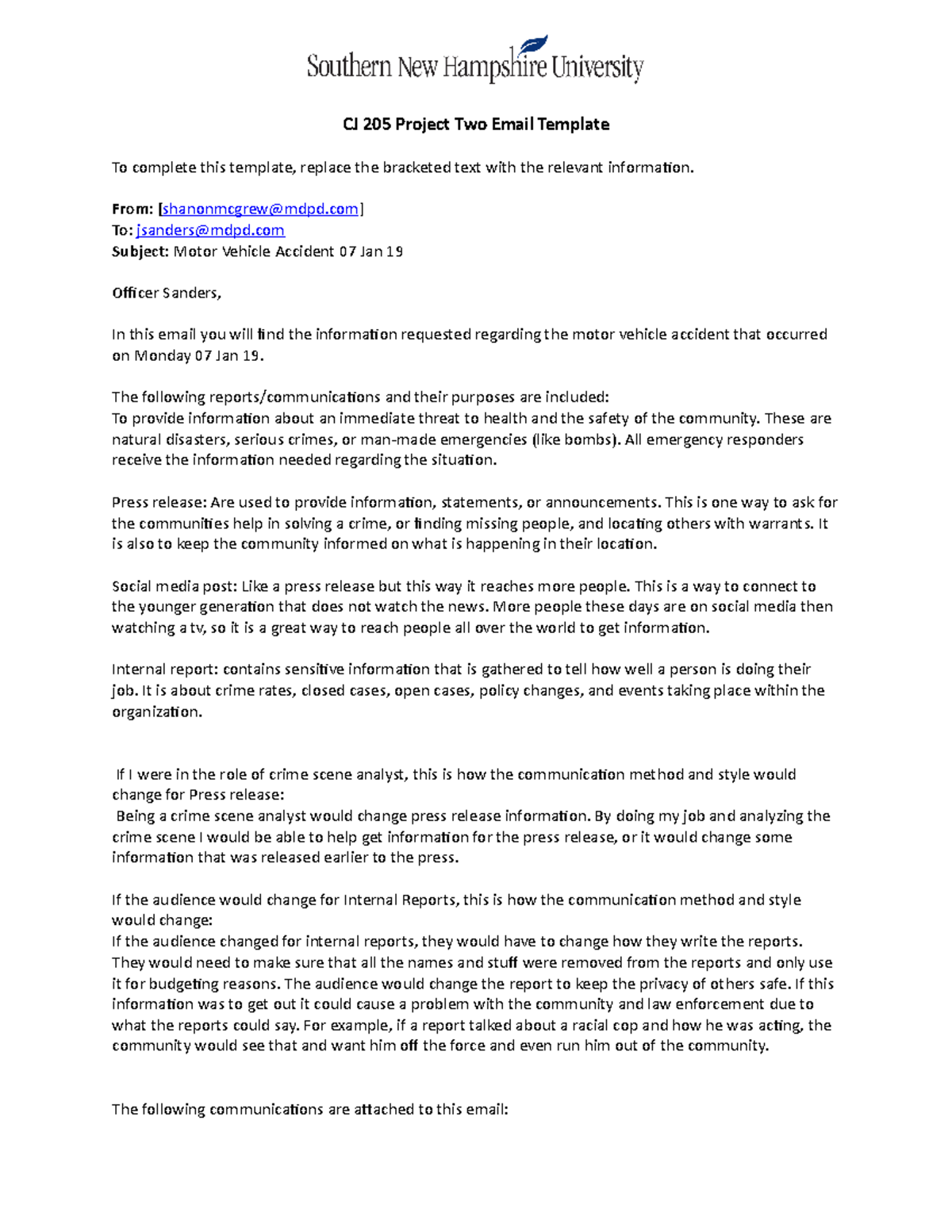 CJ 205 Project Two Email Template - From: [shanonmcgrew@mdpd] To ...