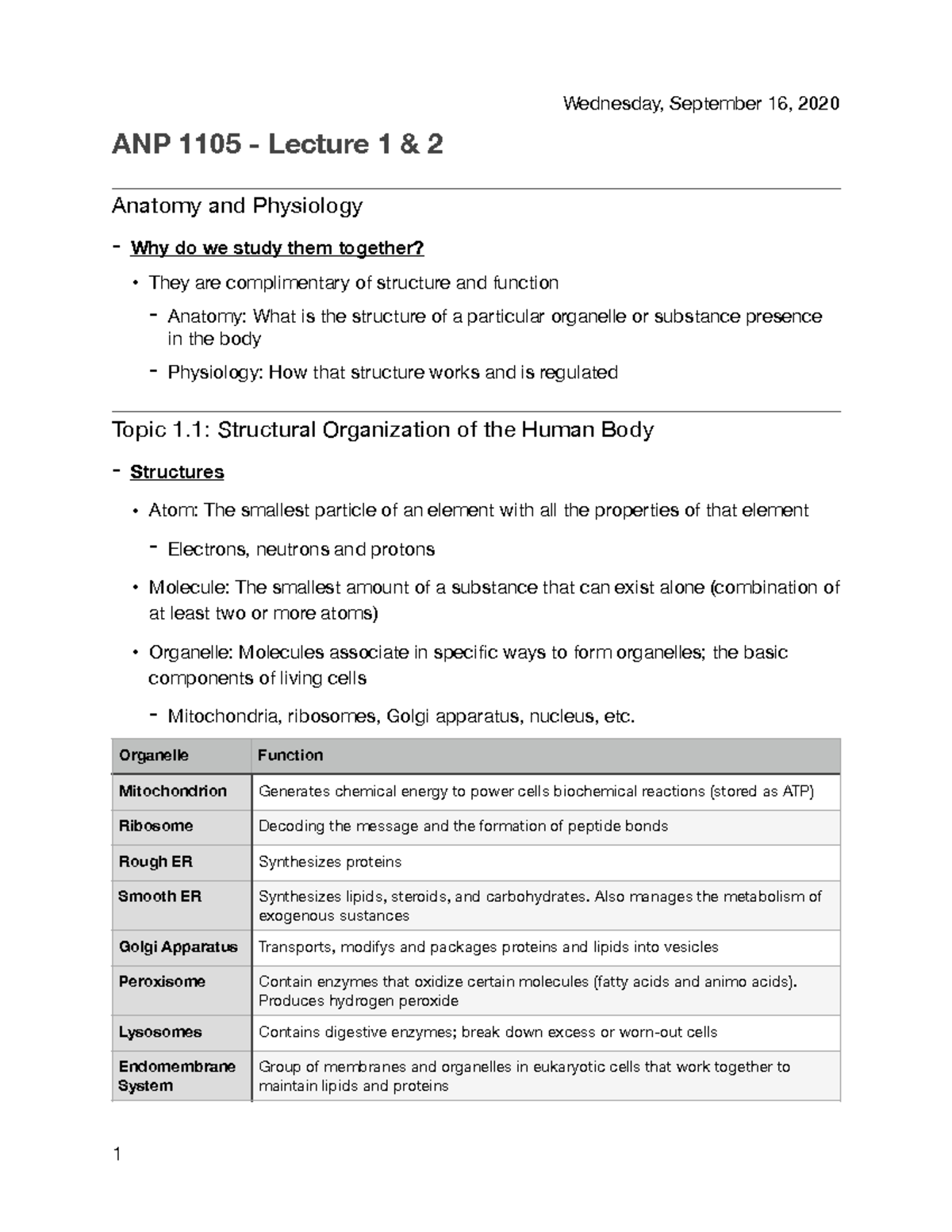 ANP 1105 - Topic 1 Structural Organization of the Human Body - ANP 1105 ...