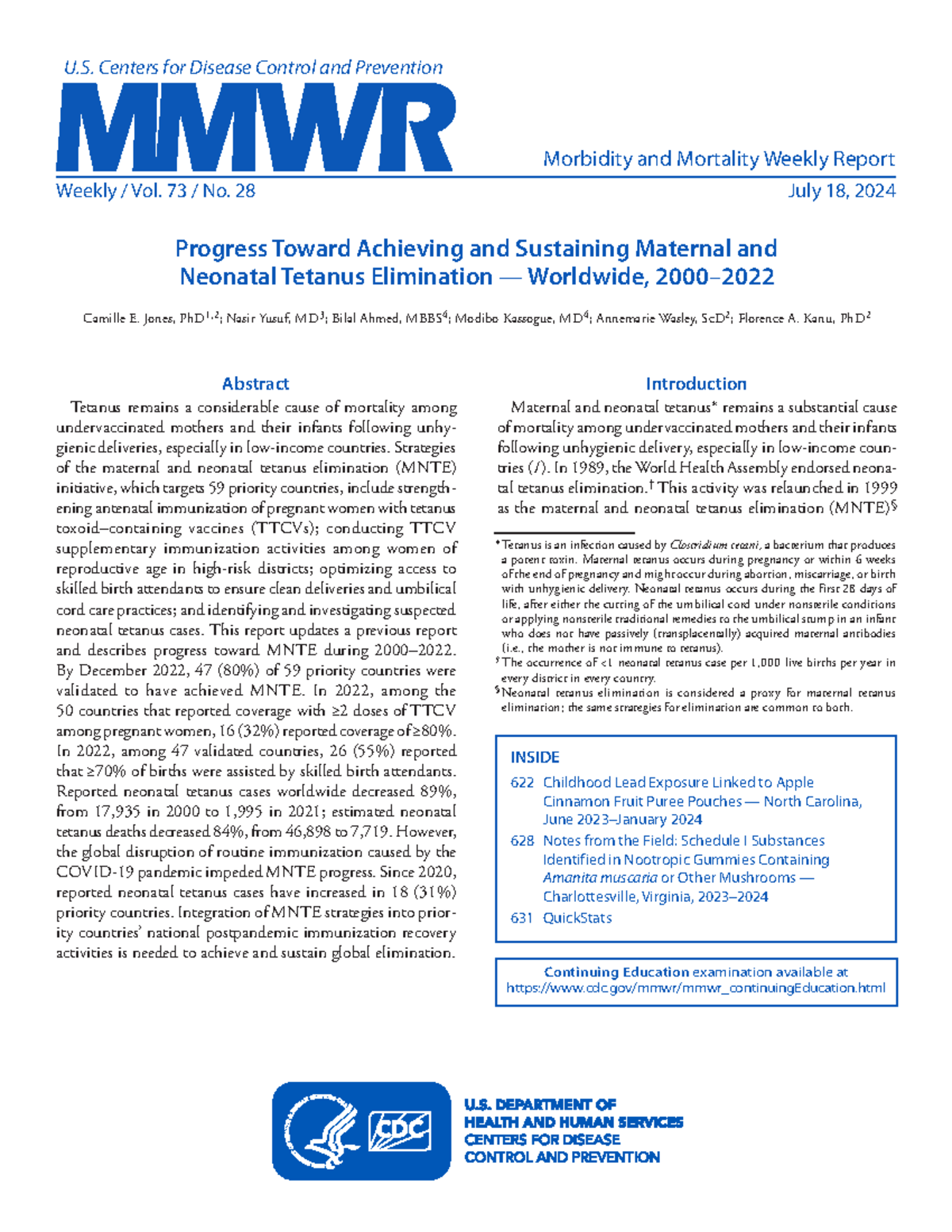 Mm7328-H - Homework - Weekly / Vol. 73 / No. 28 July 18, 2024 Morbidity ...