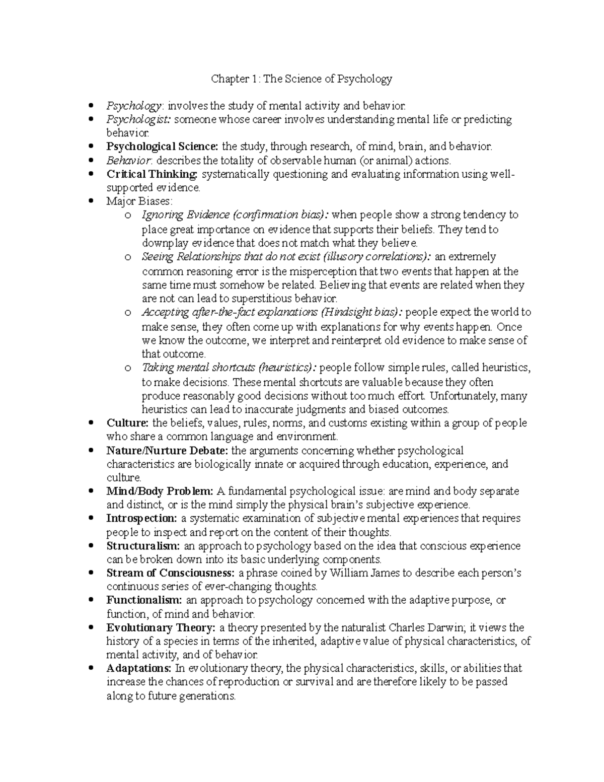 Chapters 1 and 2 Psyychology Book notes - Chapter 1: The Science of ...