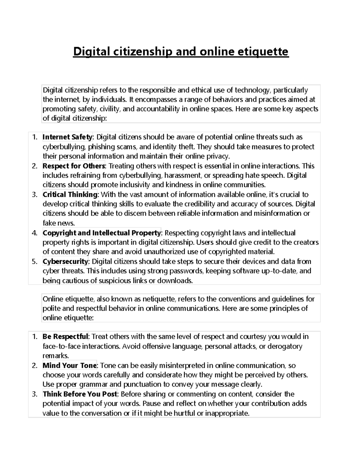 ICT Digital Citizenship and Online etiquette - Digital citizenship and ...