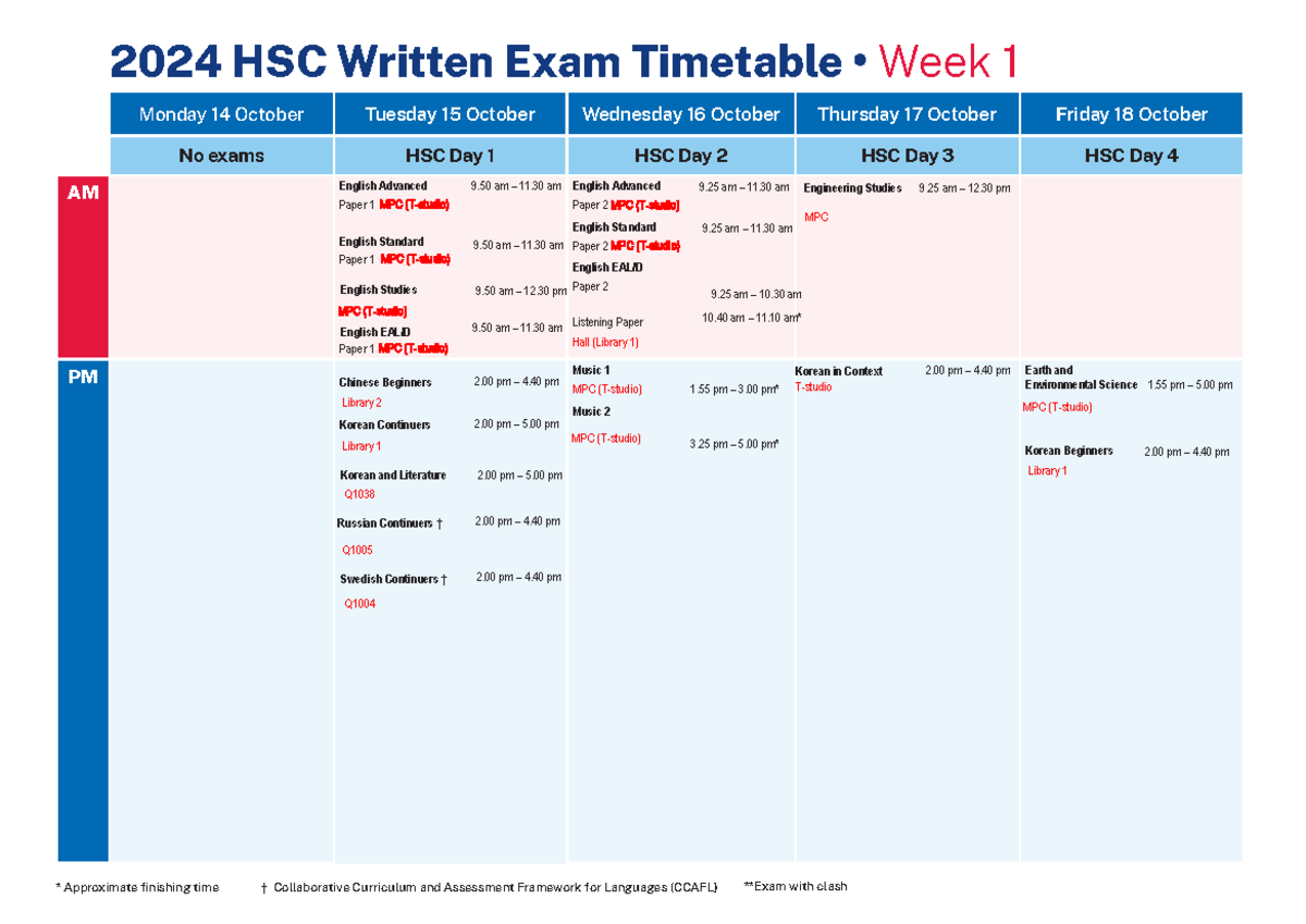 2024 HSC Written Exam Timetable - Monday 14 October Tuesday 15 October ...