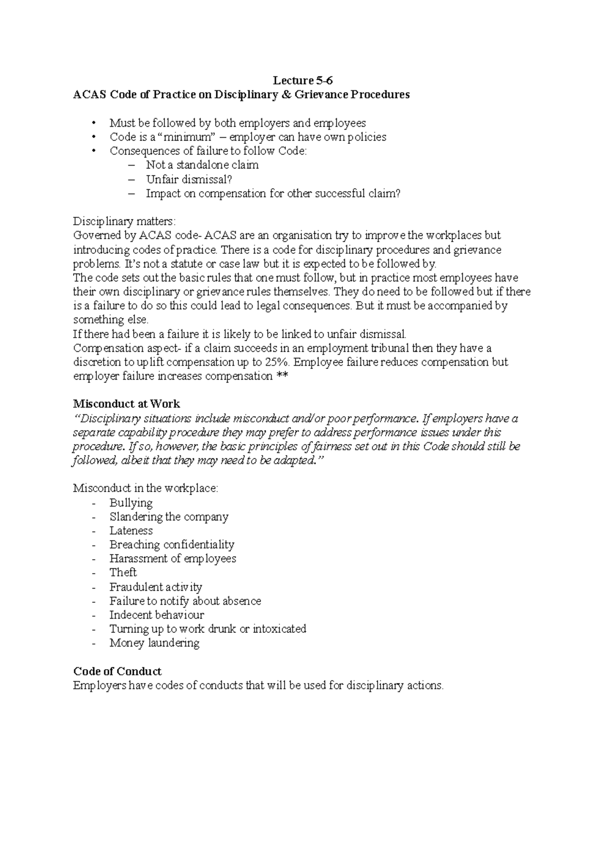 Lecture 5-6 - Lecture 5- ACAS Code of Practice on Disciplinary ...
