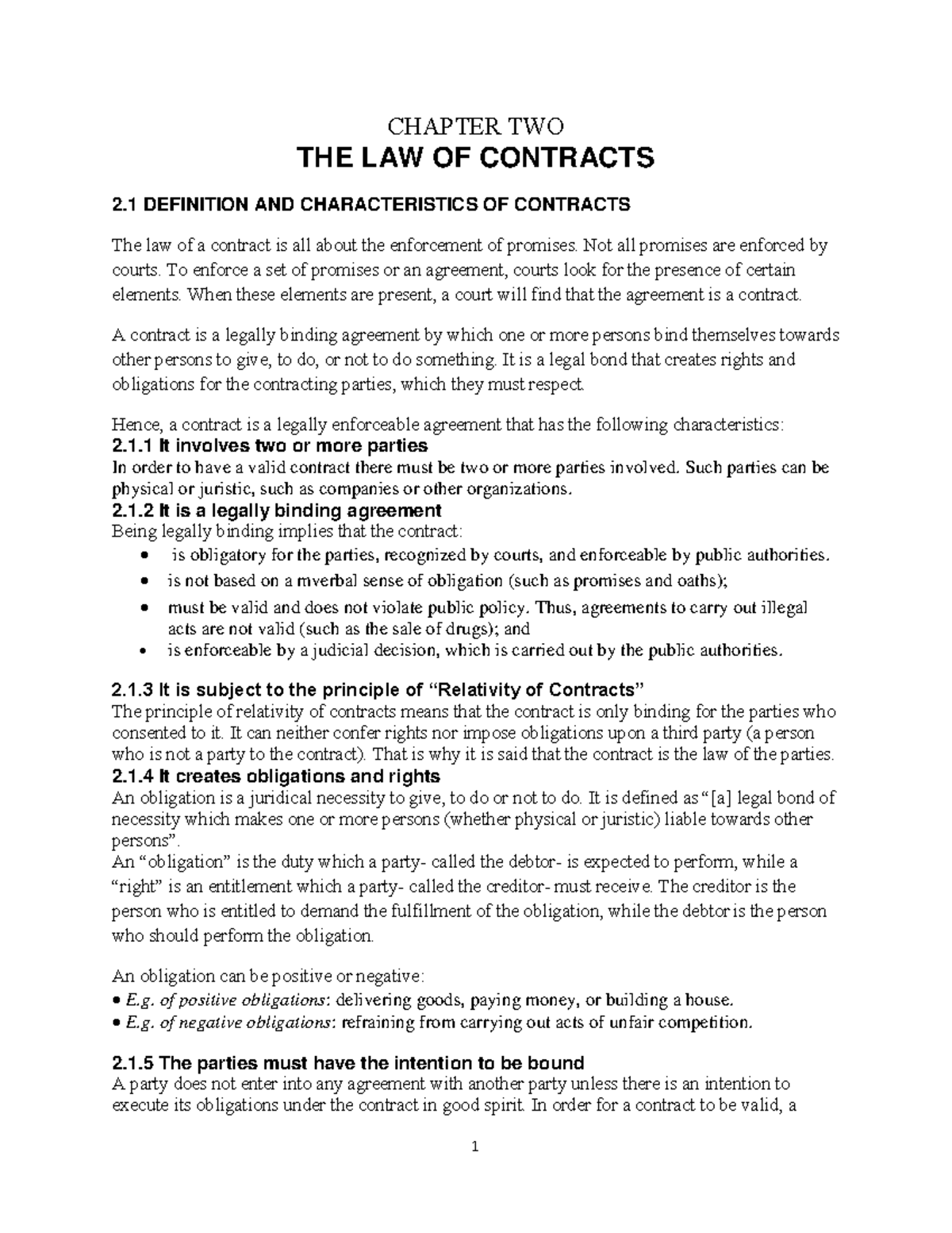 BMGT300 Revision Sheet Chapter 2 - CHAPTER TWO THE LAW OF CONTRACTS 2 DEFINITION AND ...