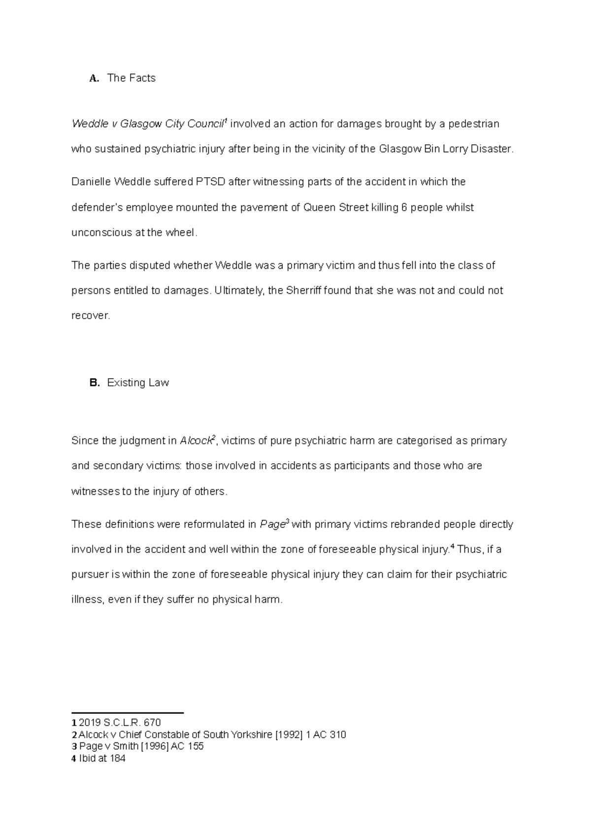 Delict Assignment 2020 Example B - A. The Facts Weddle v Glasgow City ...