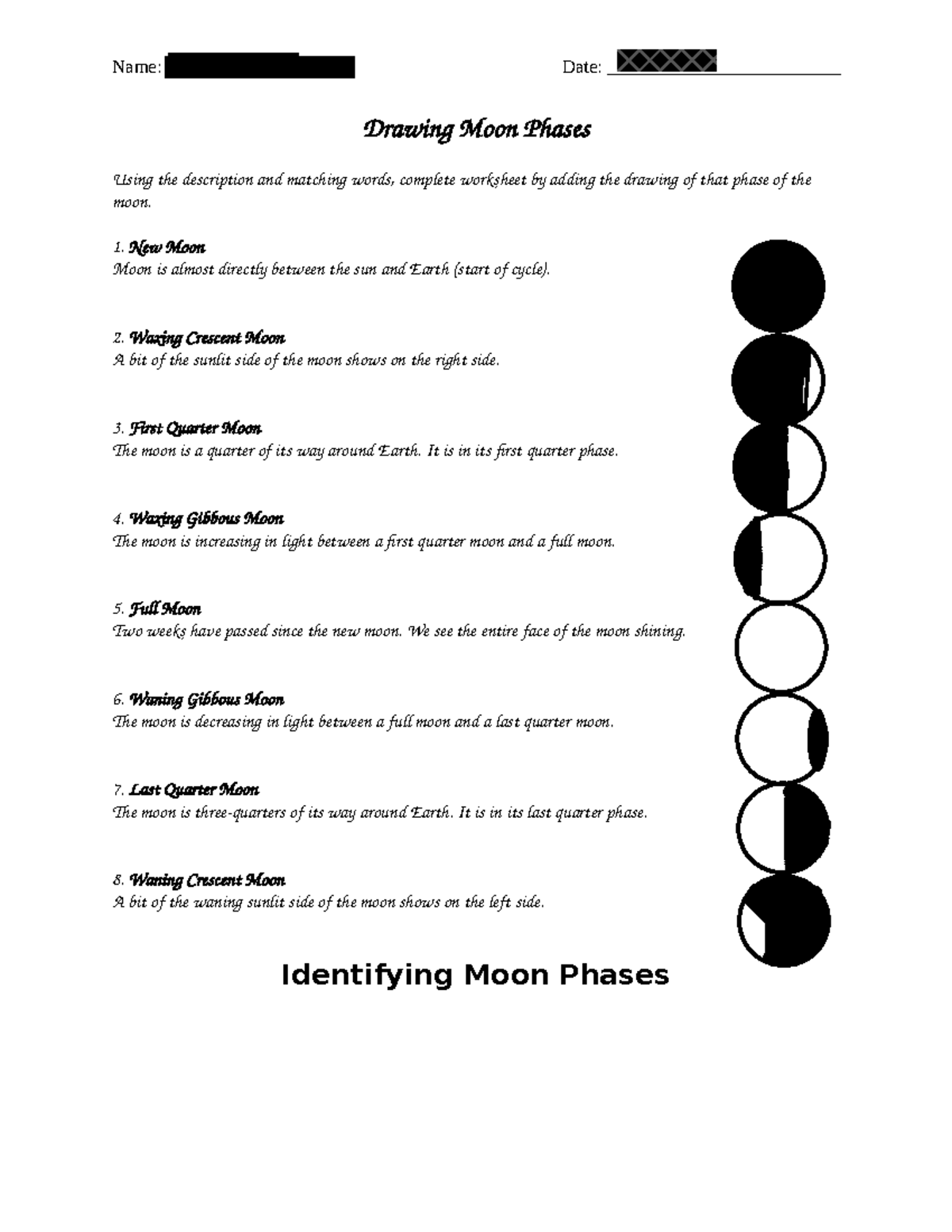 Phases Eclipses - Name: Date: _________________________ Drawing Moon ...