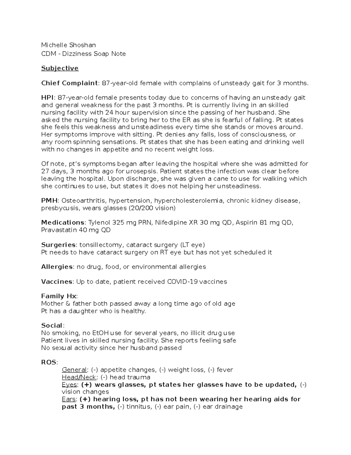 CDM Dizziness Case - Michelle Shoshan CDM - Dizziness Soap Note ...