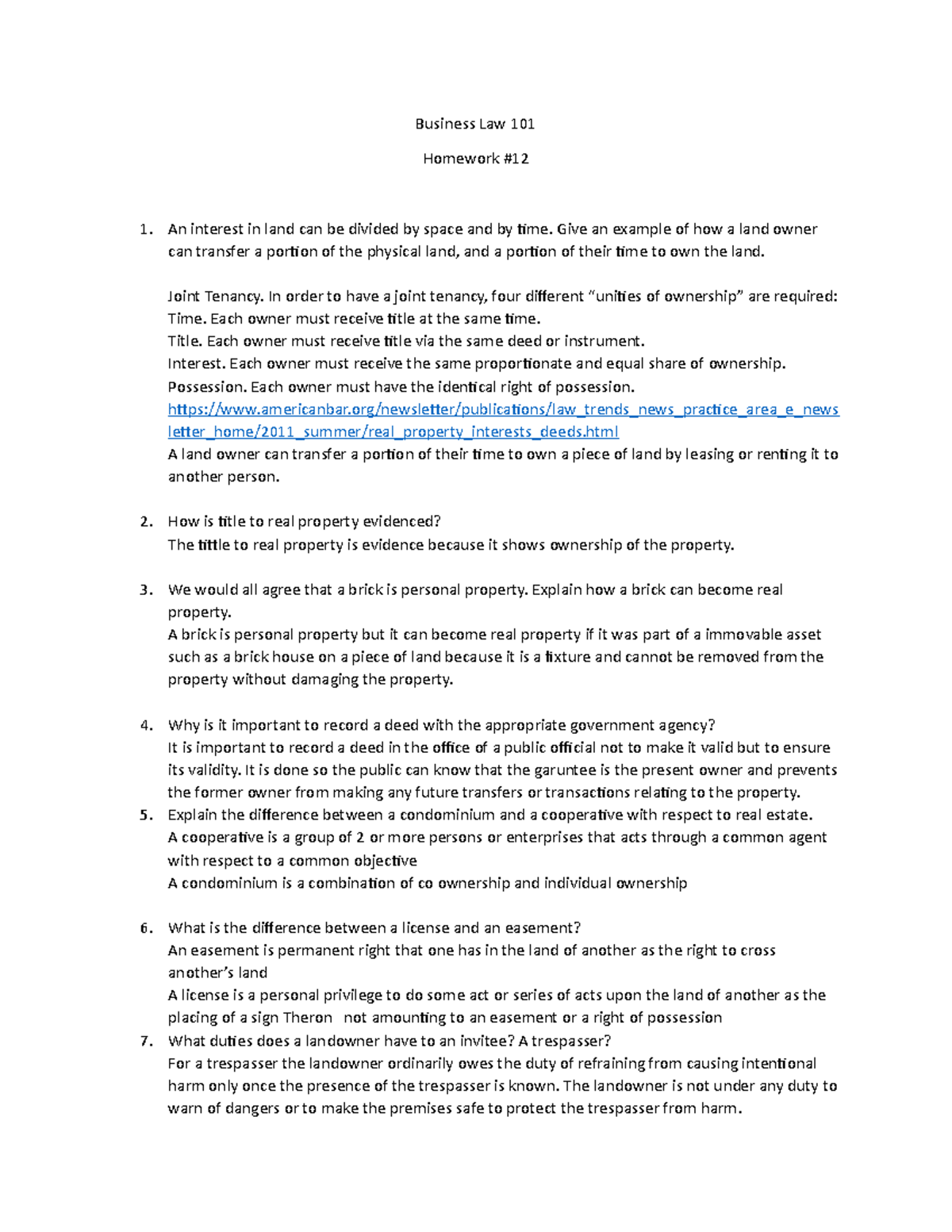 Law 101 Homework #12-Spring 2018 (1) - Business Law 101 Homework # An ...