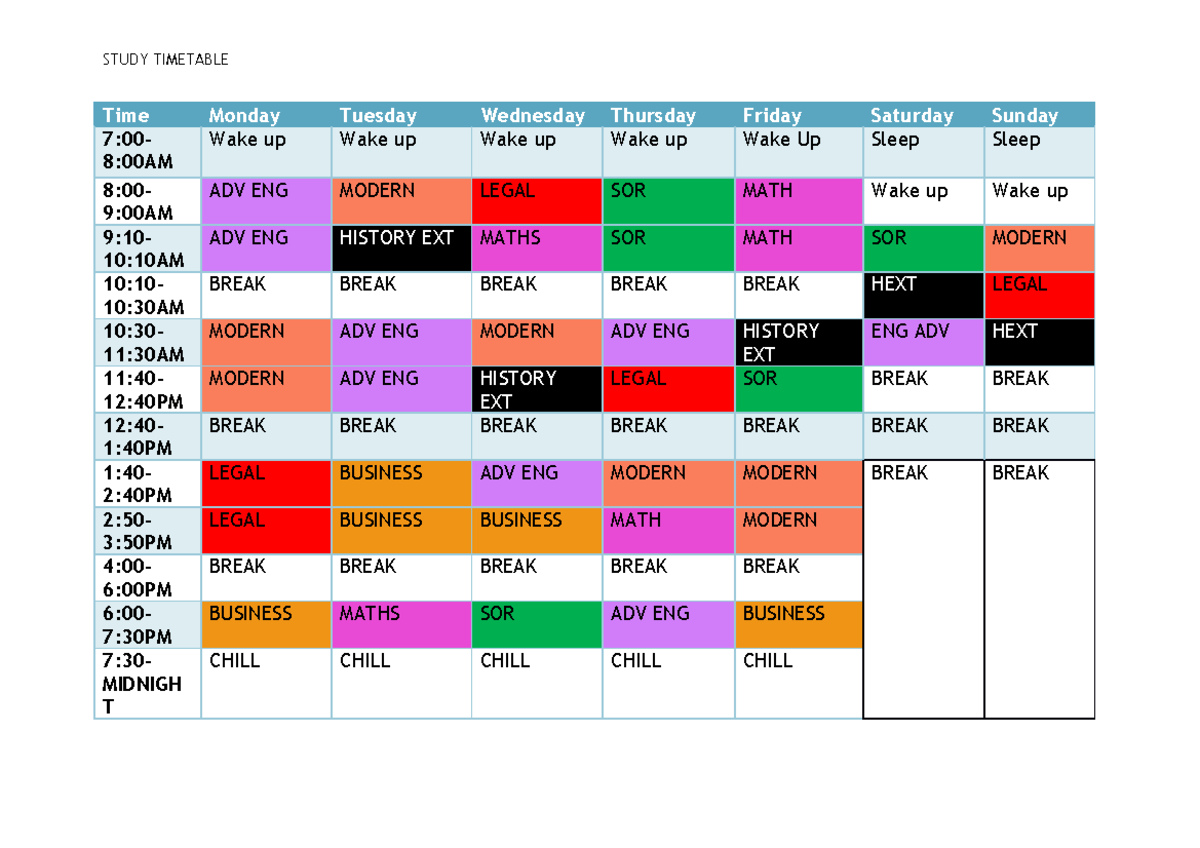 Study schedule - asdcfvbnm,. - STUDY TIMETABLE Time Monday Tuesday ...