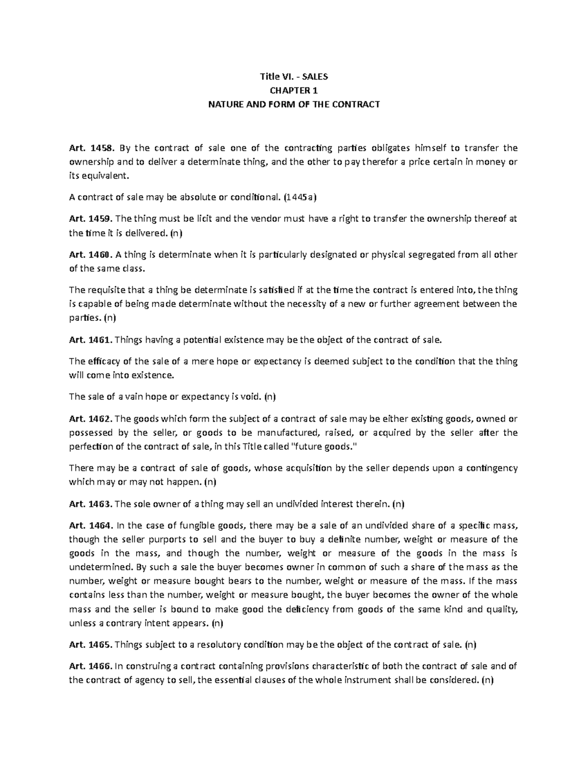 Articles 1458-1494 - Title VI. - SALES CHAPTER 1 NATURE AND FORM OF THE ...