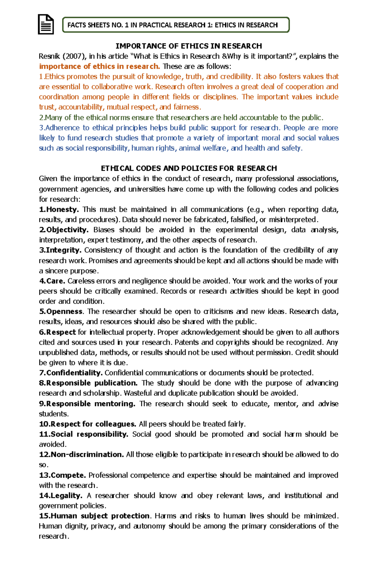 PR - Fact Sheet No - IMPORTANCE OF ETHICS IN RESEARCH Resnik (2007), in ...