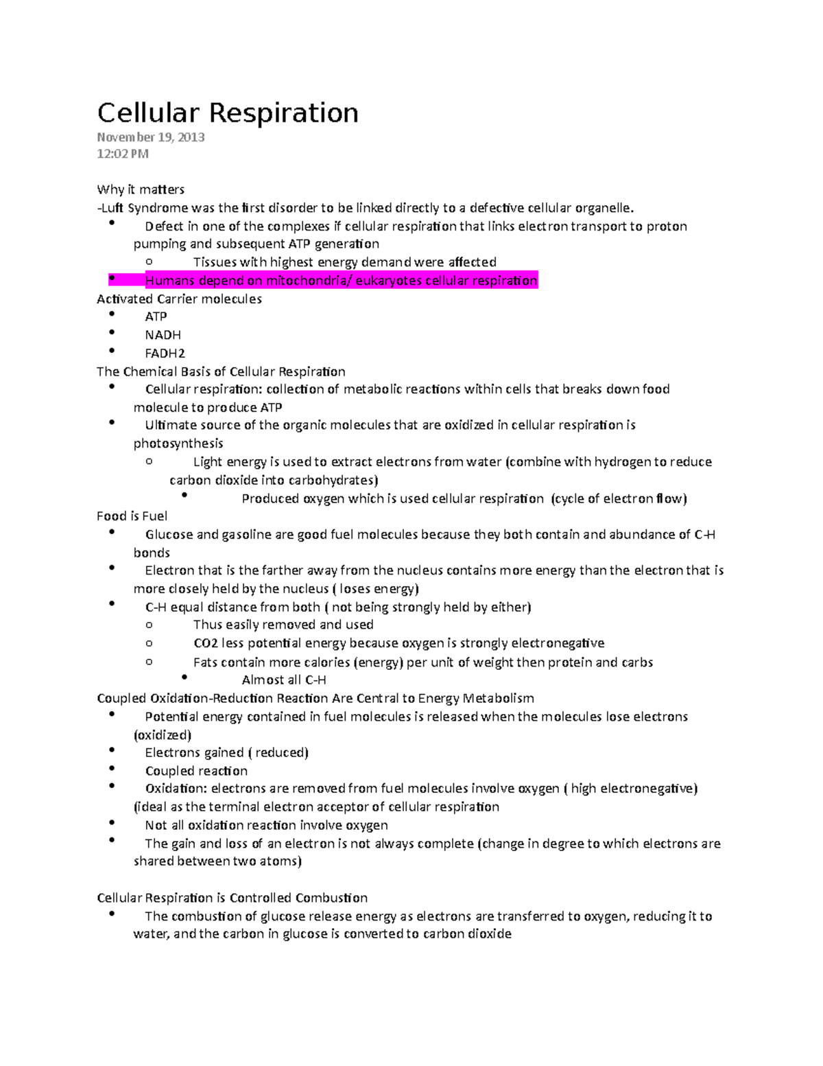 Cellular Respiration - THIS NOTE CONSISTS OF LECTURE SLIDE, IN CLASS ...