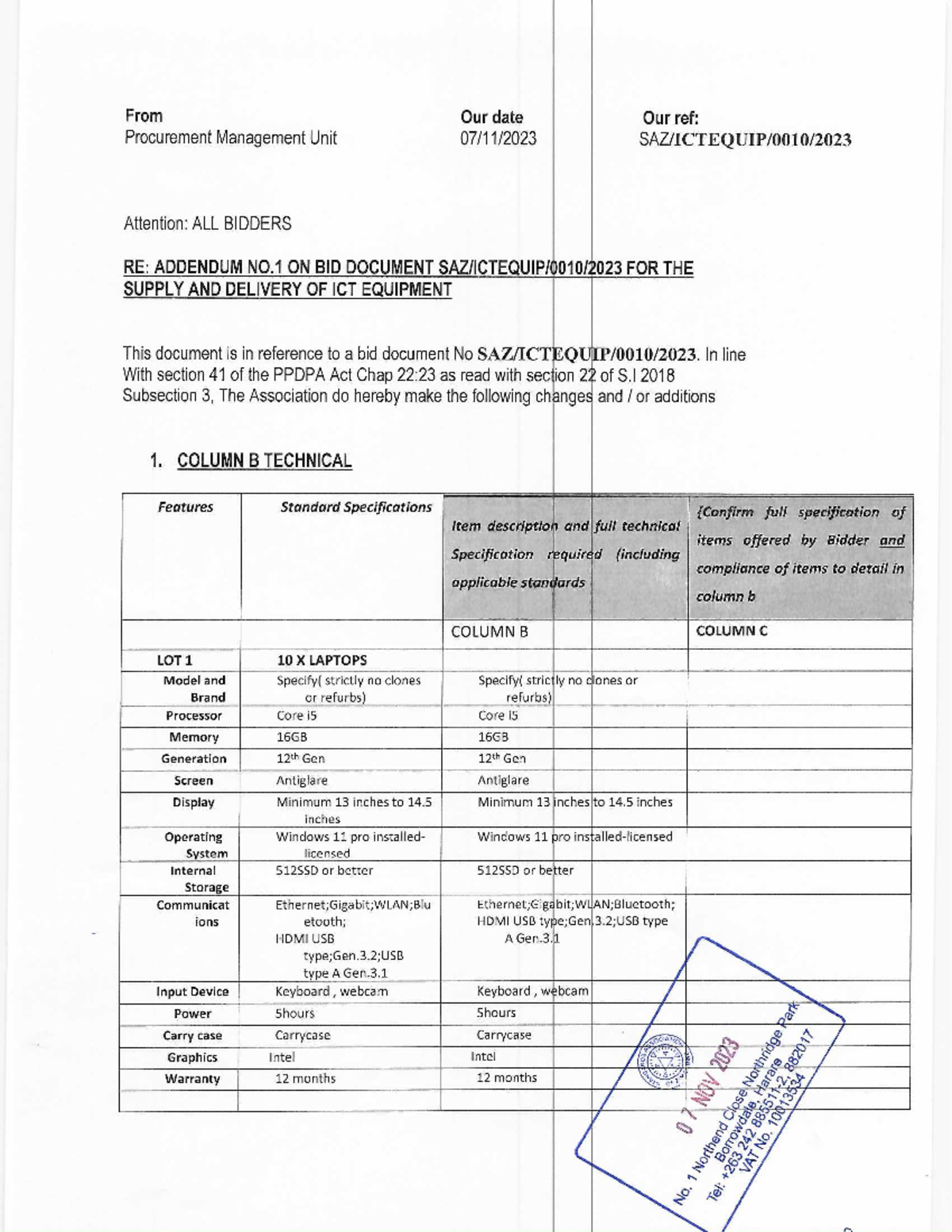 Addendum NO1 Supply AND Delivery OF ICT Equipment - Financial ...