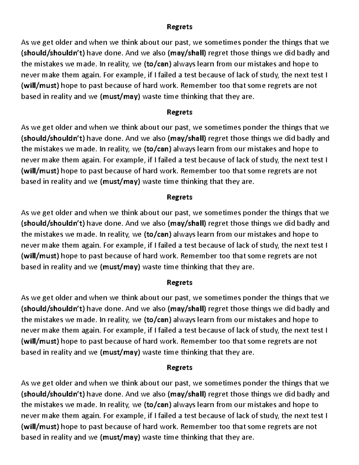 Regrets An Activity In Modals Text Not Mine Credit Should Be