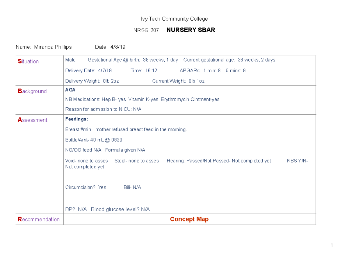 SBAR NICU - Peds clinical - NRSG 207 NURSERY SBAR Name: Miranda ...