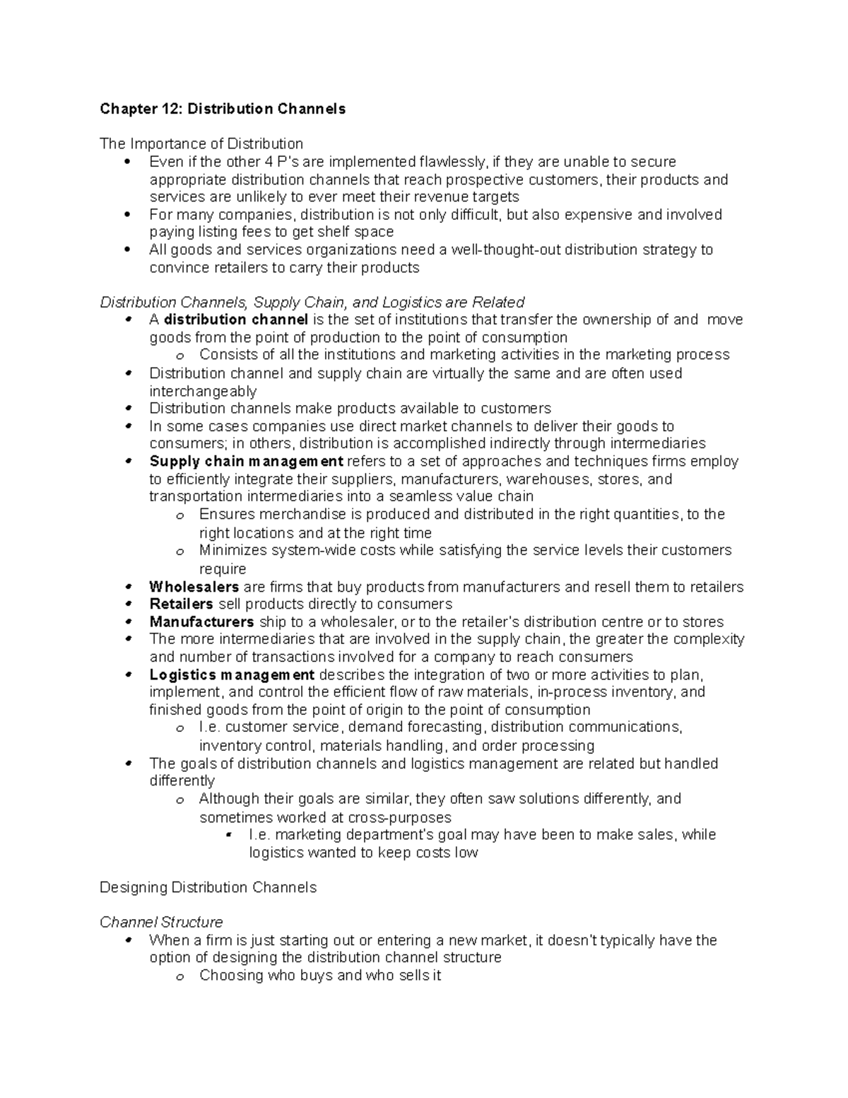 2320 chapter 12 - Lecture notes 12 - Chapter 12: Distribution Channels ...