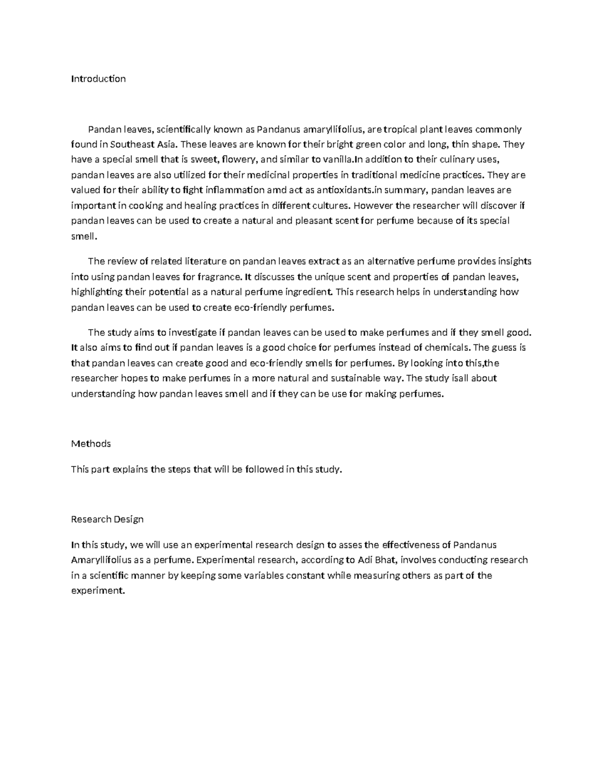 Research Study Imrad - Introduction Pandan leaves, scientifically known ...