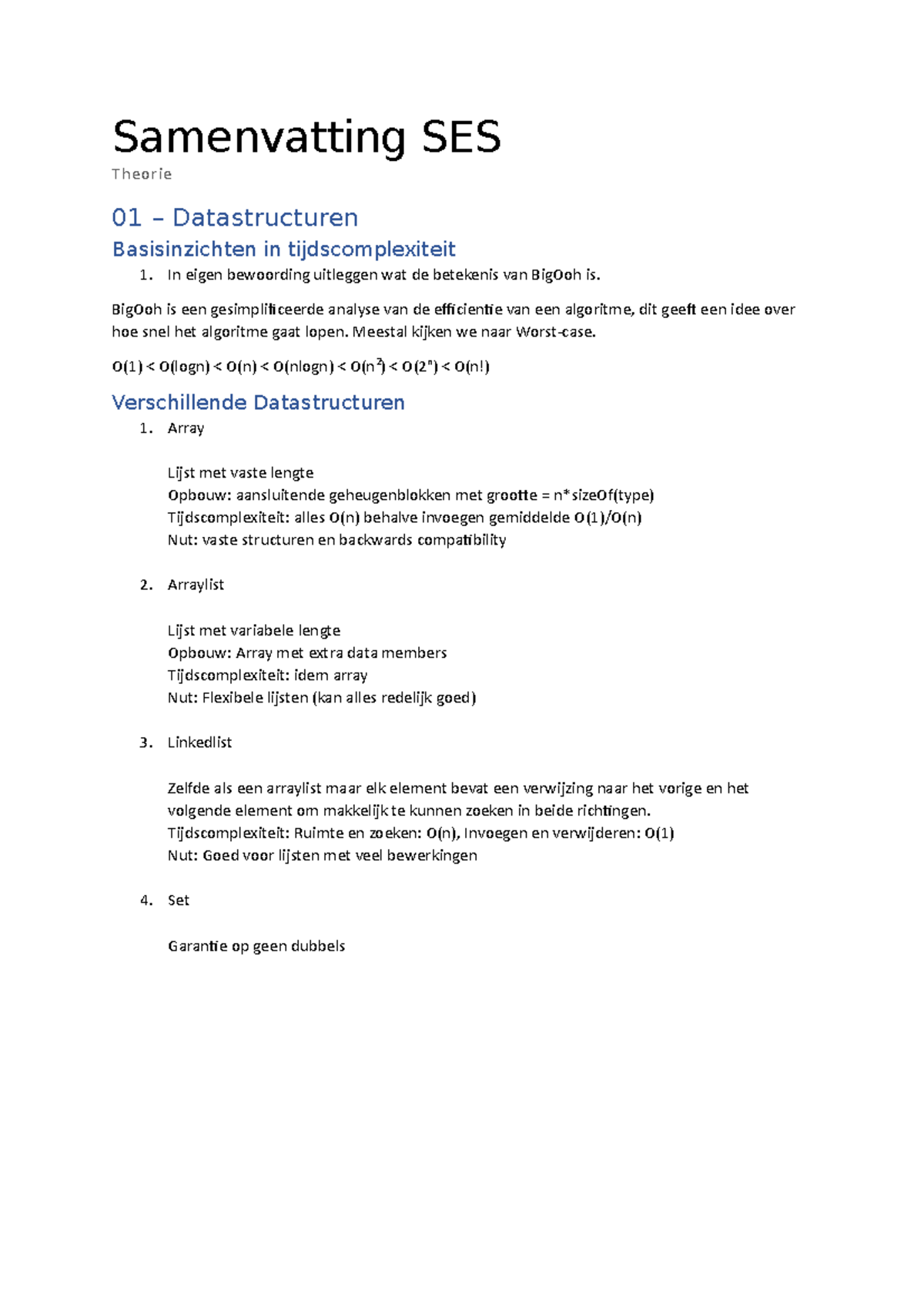 Samenvatting Leerstof theorie - Samenvatting SES Theorie 01 – Datastructuren Basisinzichten in ...