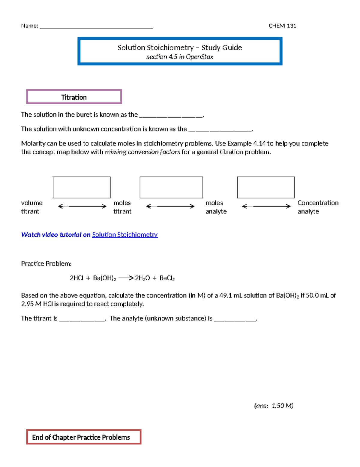 CH4 Solution Stoichiometry Study Guide - Name ...