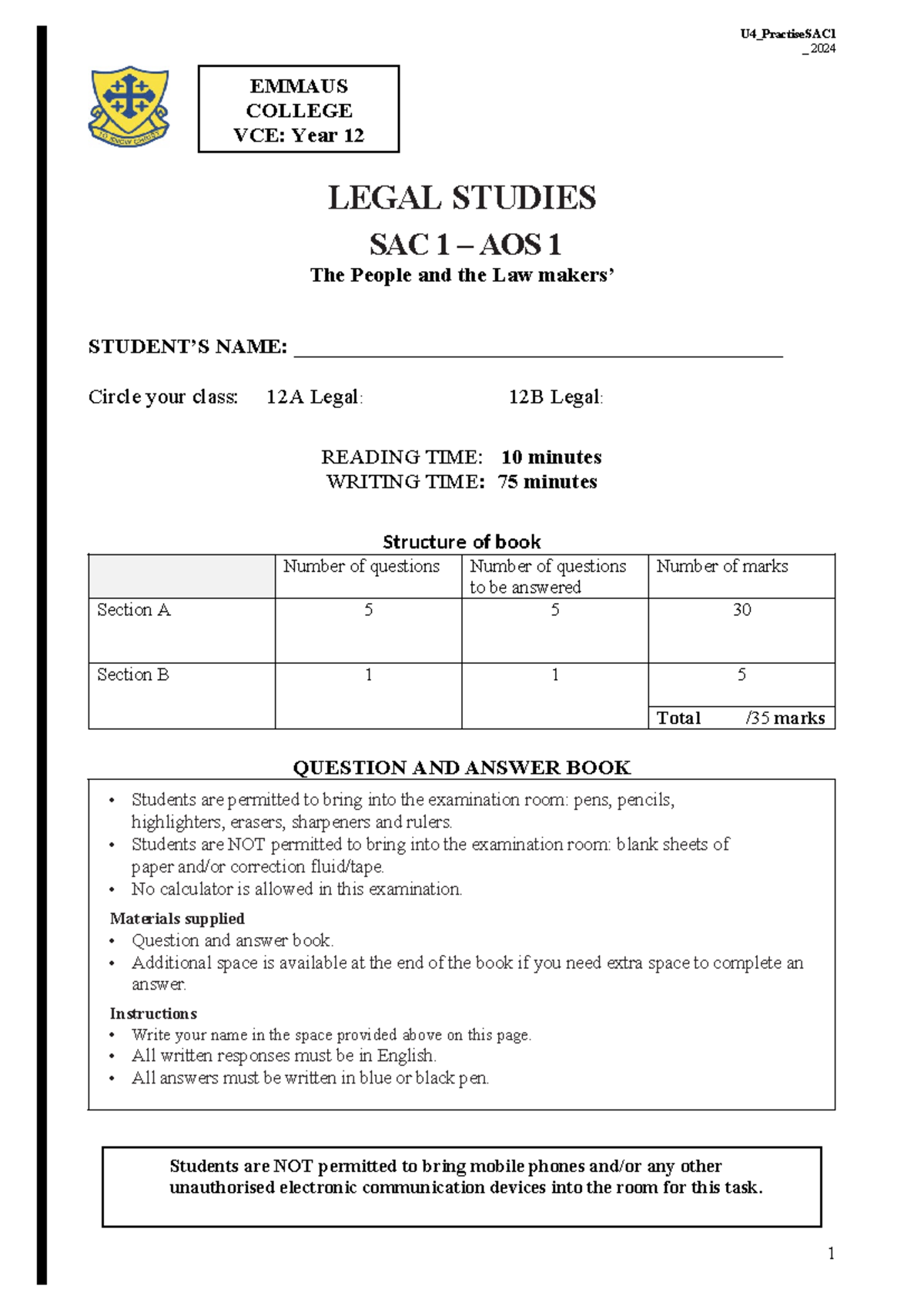U4 Practice SAC1 2024 - SAC questions - _ 2024 LEGAL STUDIES SAC 1 ...