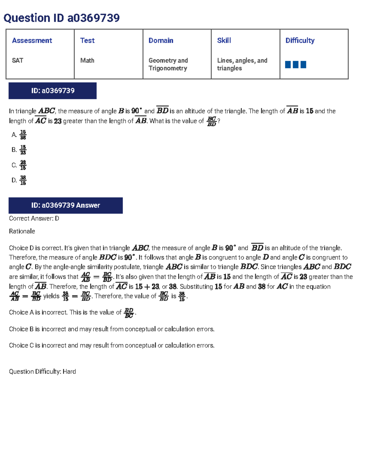 Geometry SAT Practice - idk - Question ID a ID: a In triangle , the ...