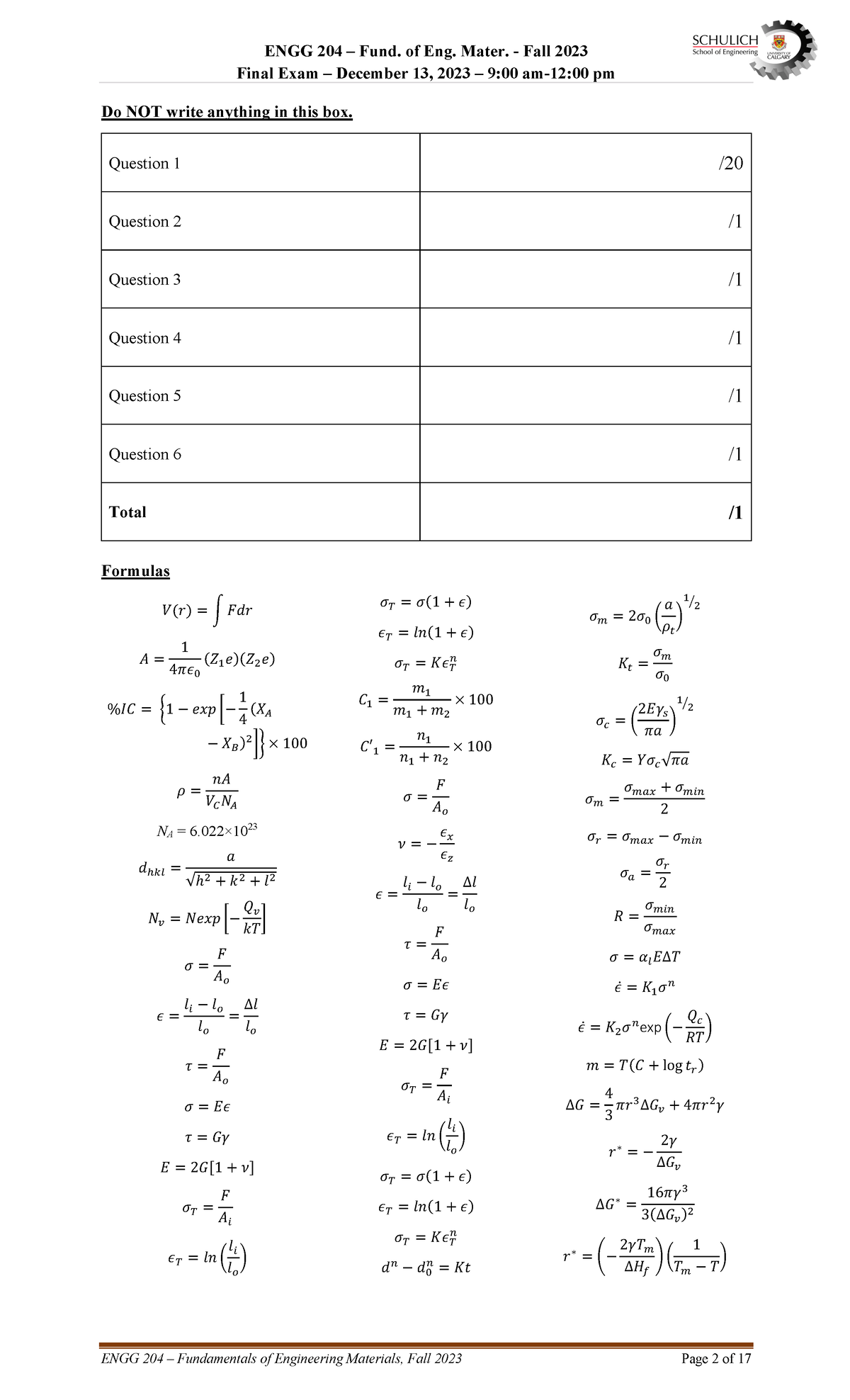 ENGG204Final Exam Equation Sheet - ENGG 204 – Fund. of Eng. Mater ...