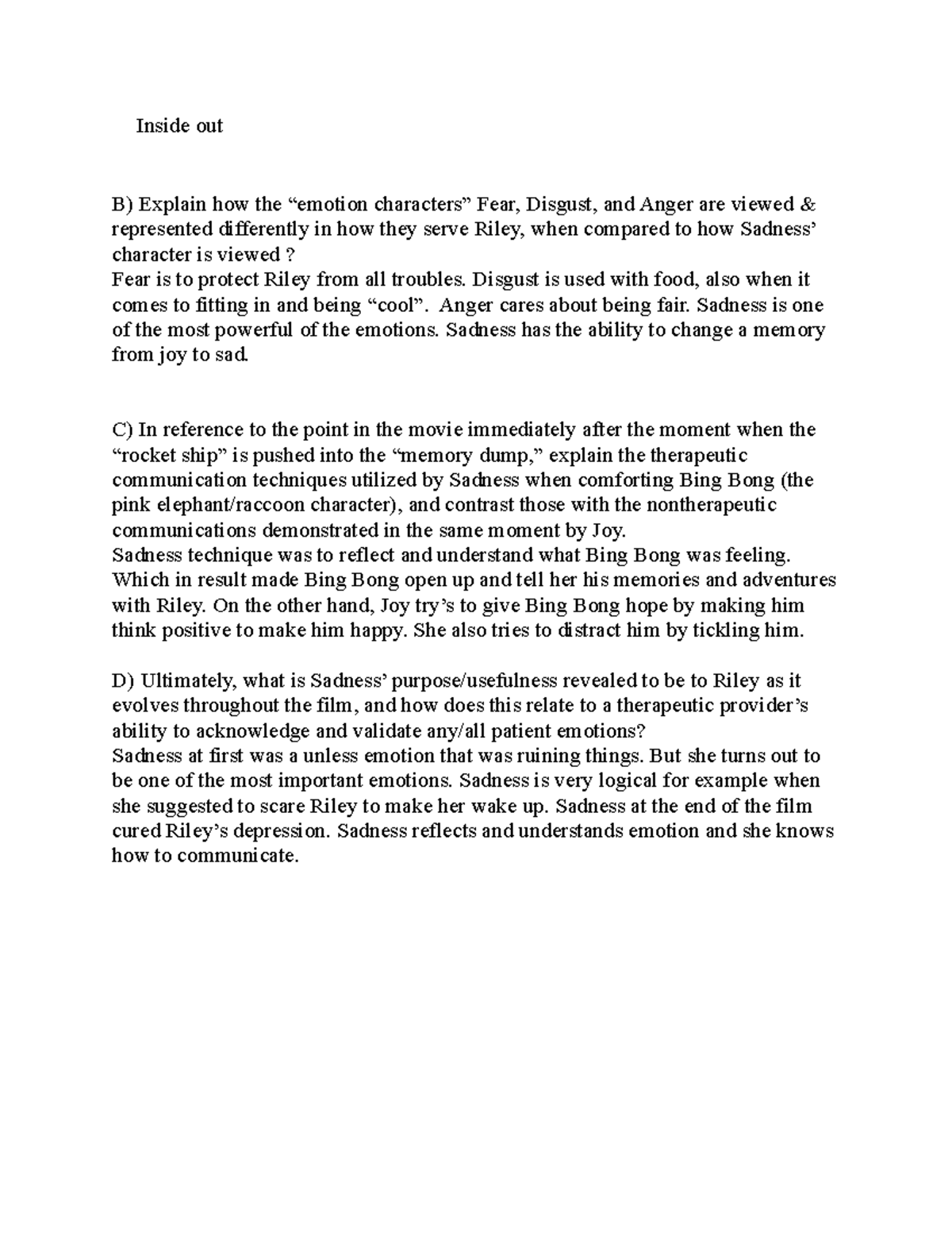 Inside out - Maria Alvarez - Inside out B) Explain how the “emotion ...