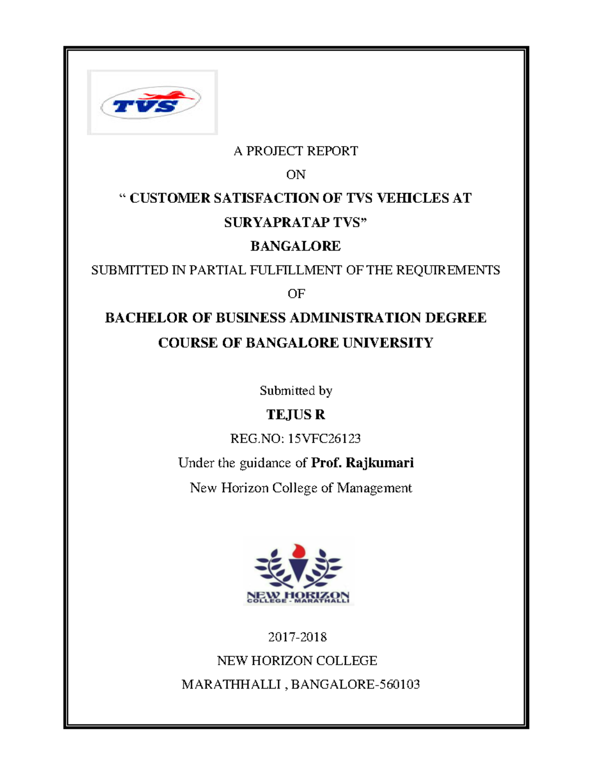 Tvs 1 - okay - A PROJECT REPORT ON “ CUSTOMER SATISFACTION OF TVS ...