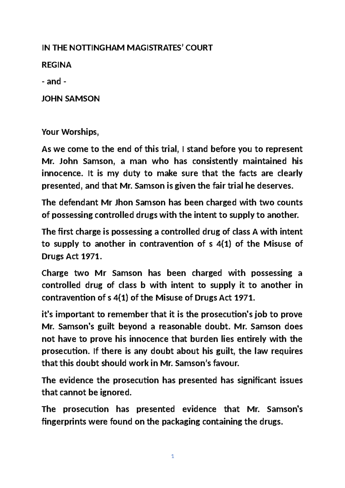 Advance advocacy script - IN THE NOTTINGHAM MAGISTRATES’ COURT REGINA ...