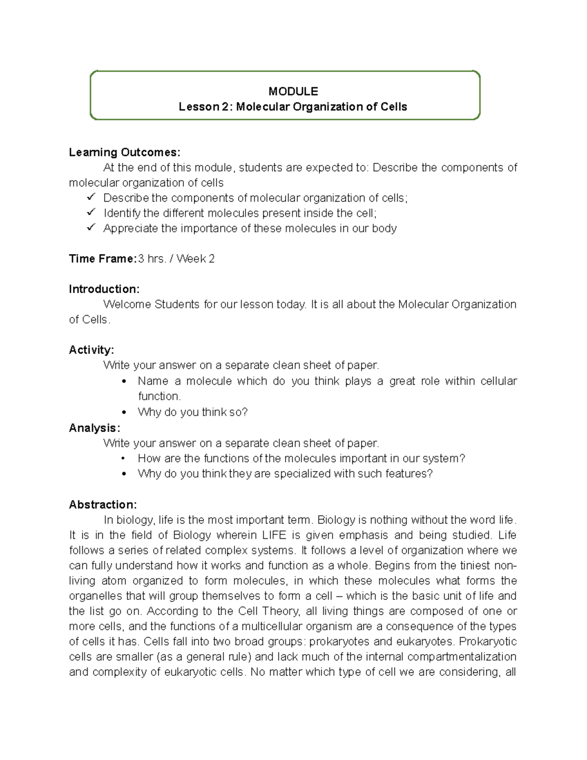 Lesson-2 - Lesson 2 of Cognates Biology - MODULE Lesson 2: Molecular ...