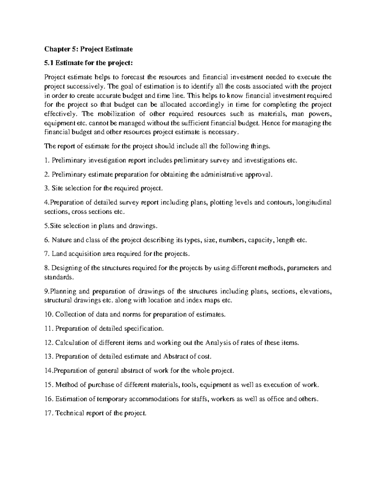 Estimating and costing chapter 5 - Chapter 5: Project Estimate 5 Estimate for the project ...