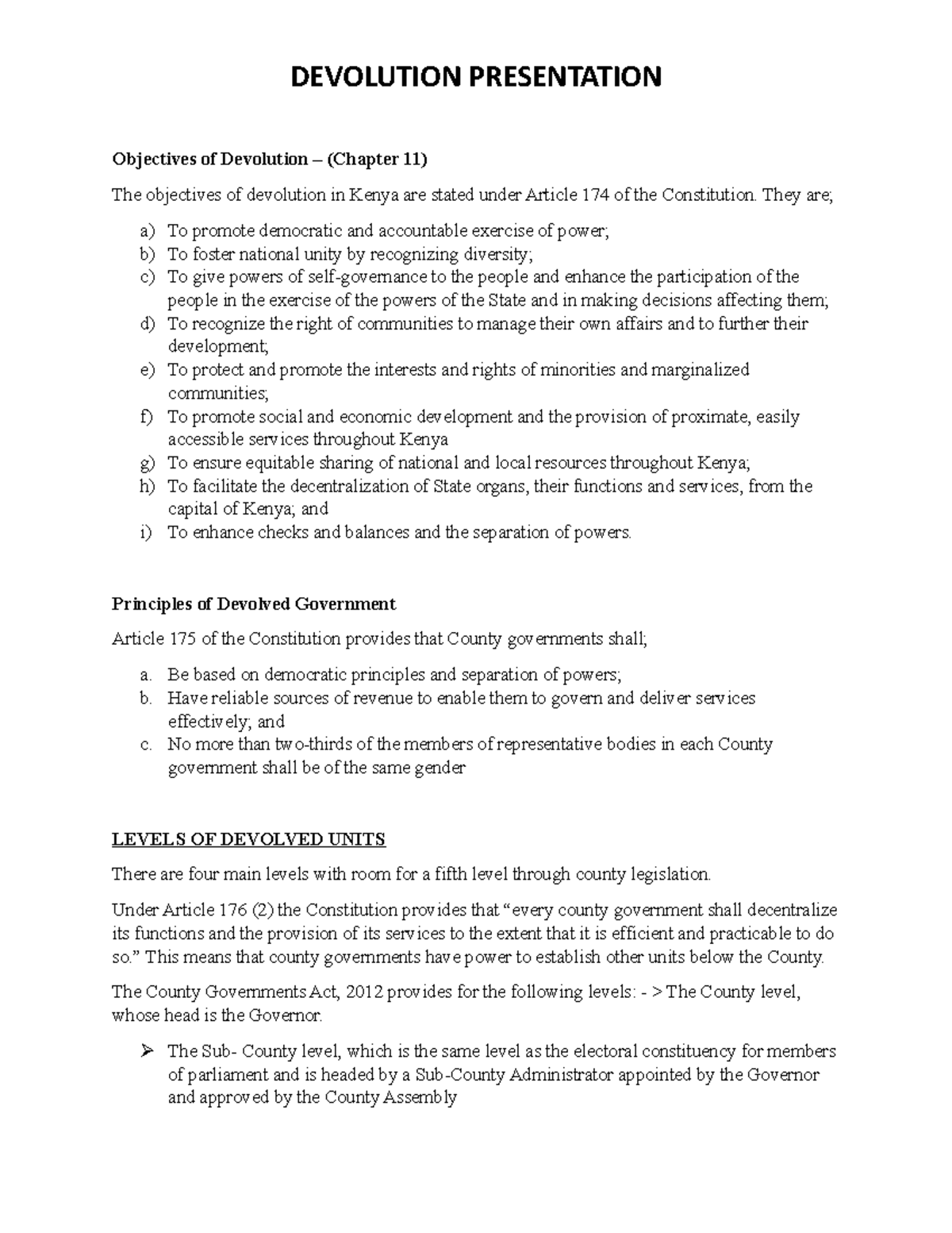 Objectives of Devolution; Devolved Government Powers, Functions and Structure. - Objectives of ...