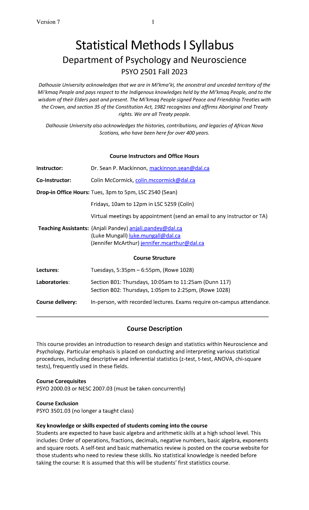 PSYO 2501 F2023 Syllabus v7 - Statistical Methods I Syllabus Department of Psychology and - Studocu