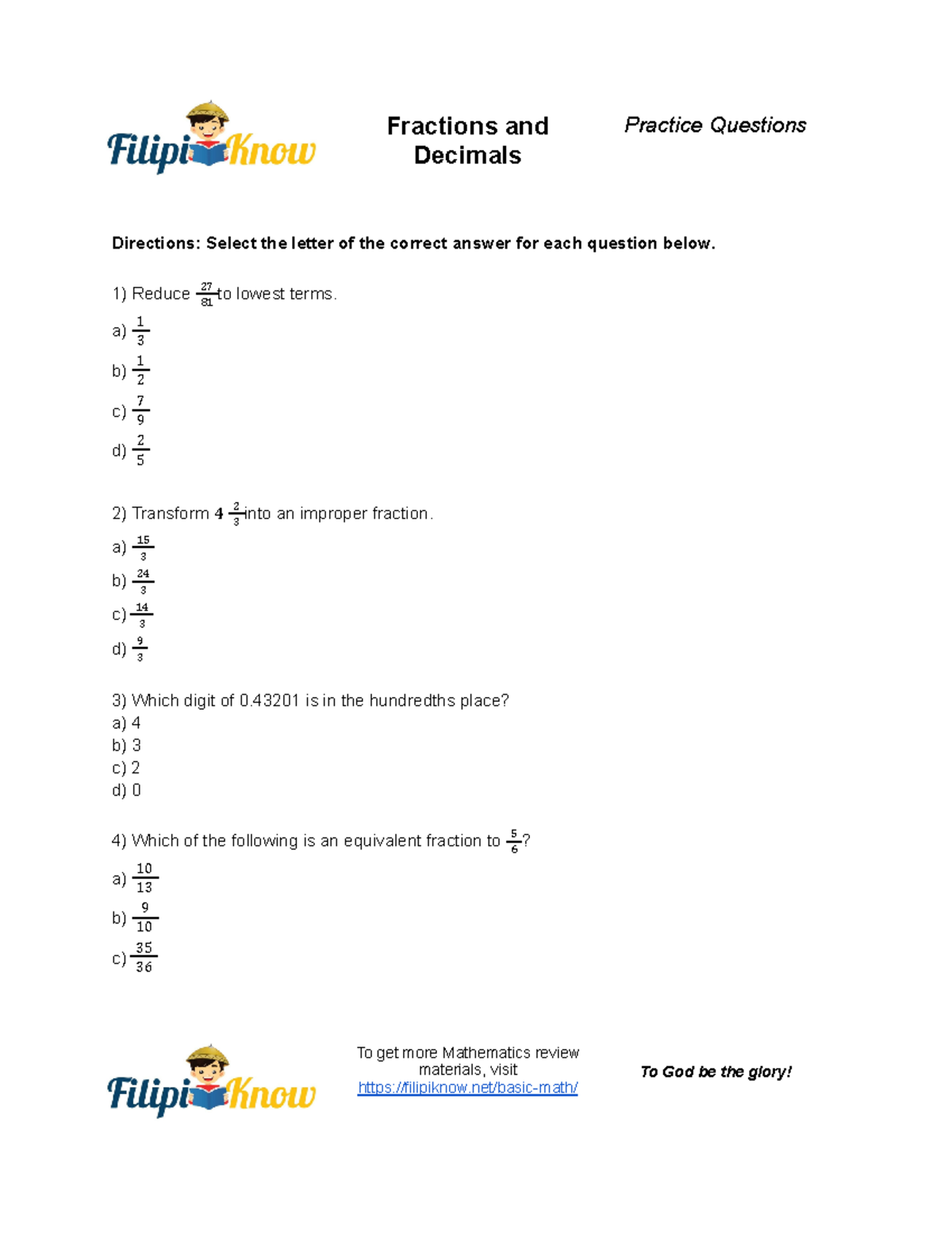 Fractions and Decimals Practice Questions - Fractions and Decimals ...