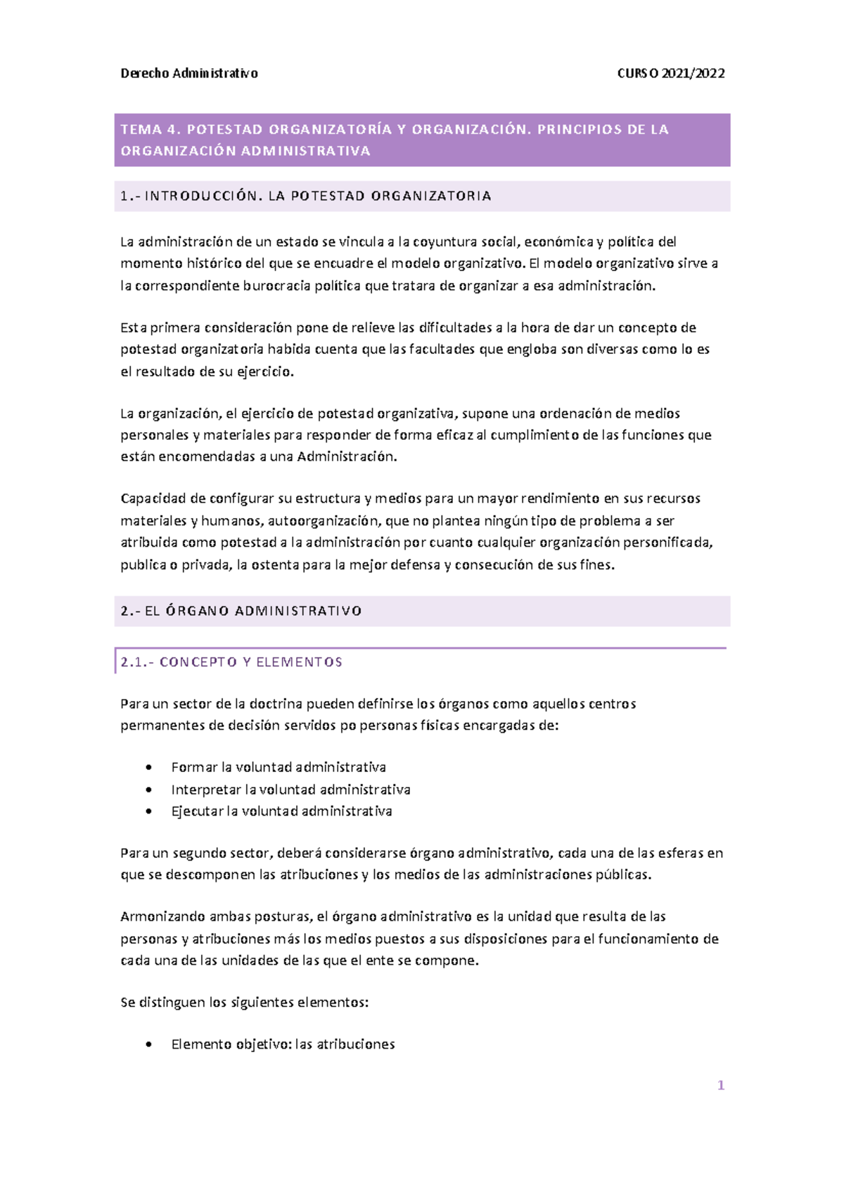 Tema 4 ADMI - tema 4 administrativo - TEMA 4. POTESTAD ORGANIZATORÍA Y ...