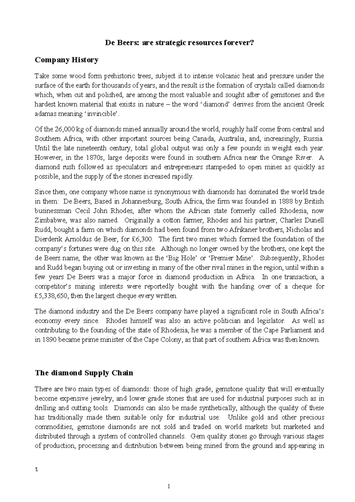 SM.De Beers Case Study.with questions - De Beers: are strategic resources forever? Company ...