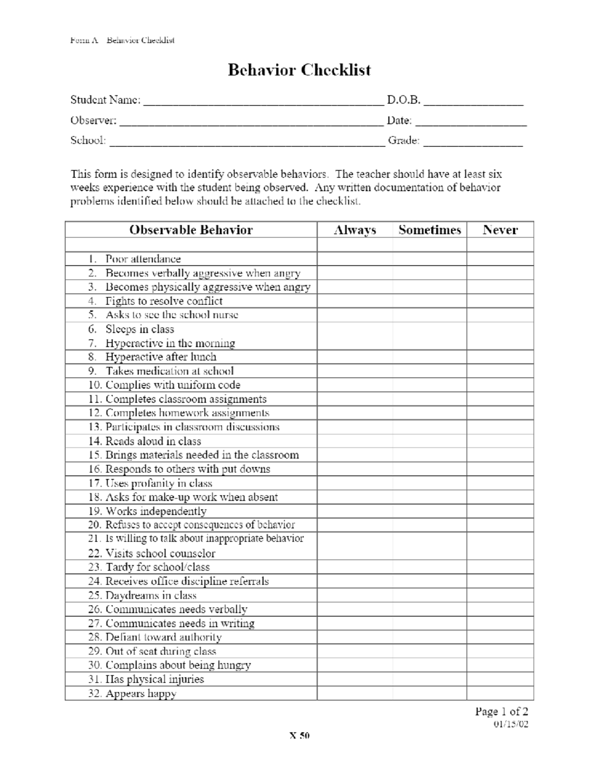 Middle School Behavior Check Sheet