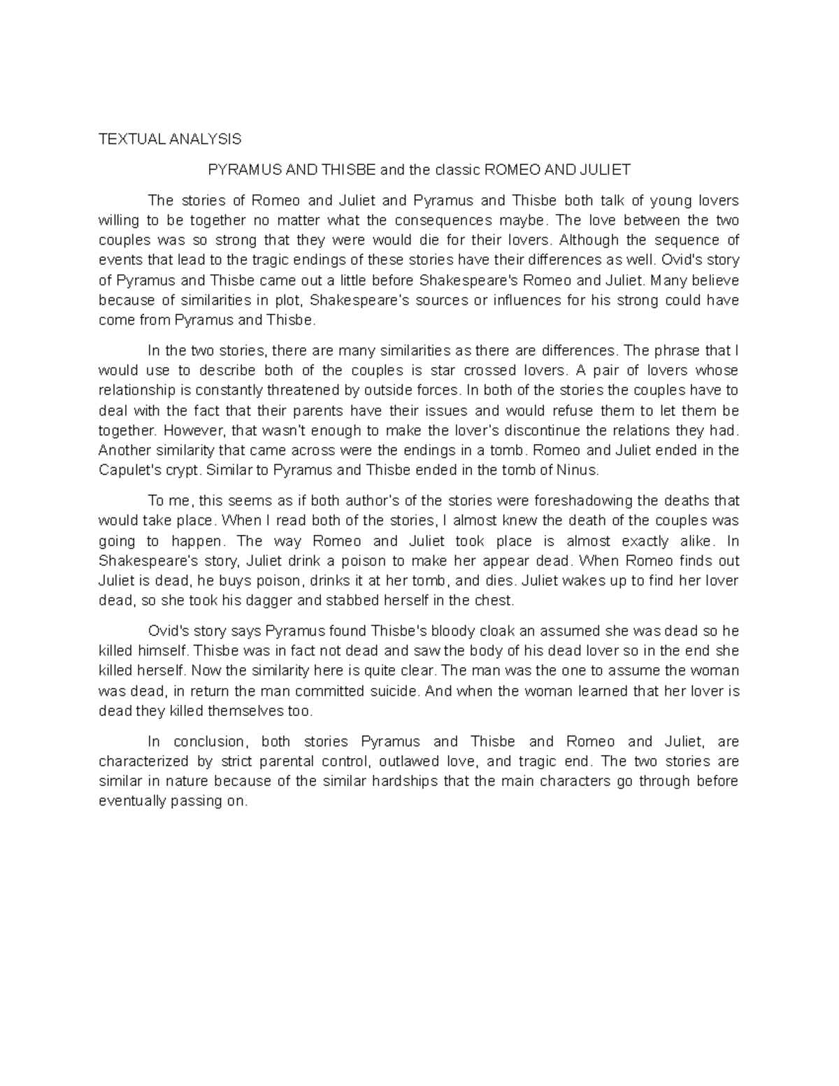 Textual Analysis of Pyramus and Thisbe and the classic Romeo and Juliet ...