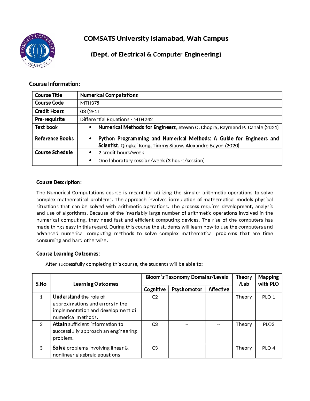 Mth375 Numerical Computation Course Information Course Title Numerical Computations Course