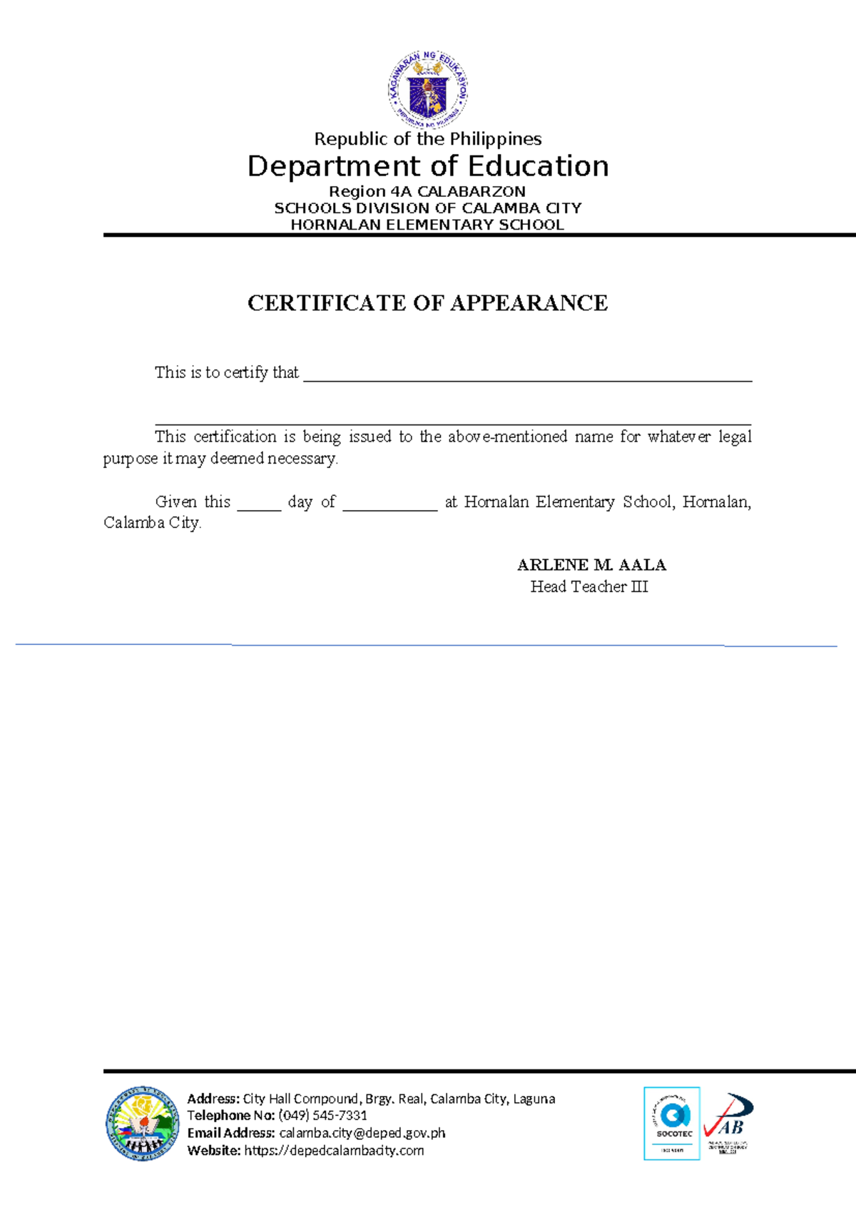 Certificate-of-Appearance - Republic of the Philippines Department of ...