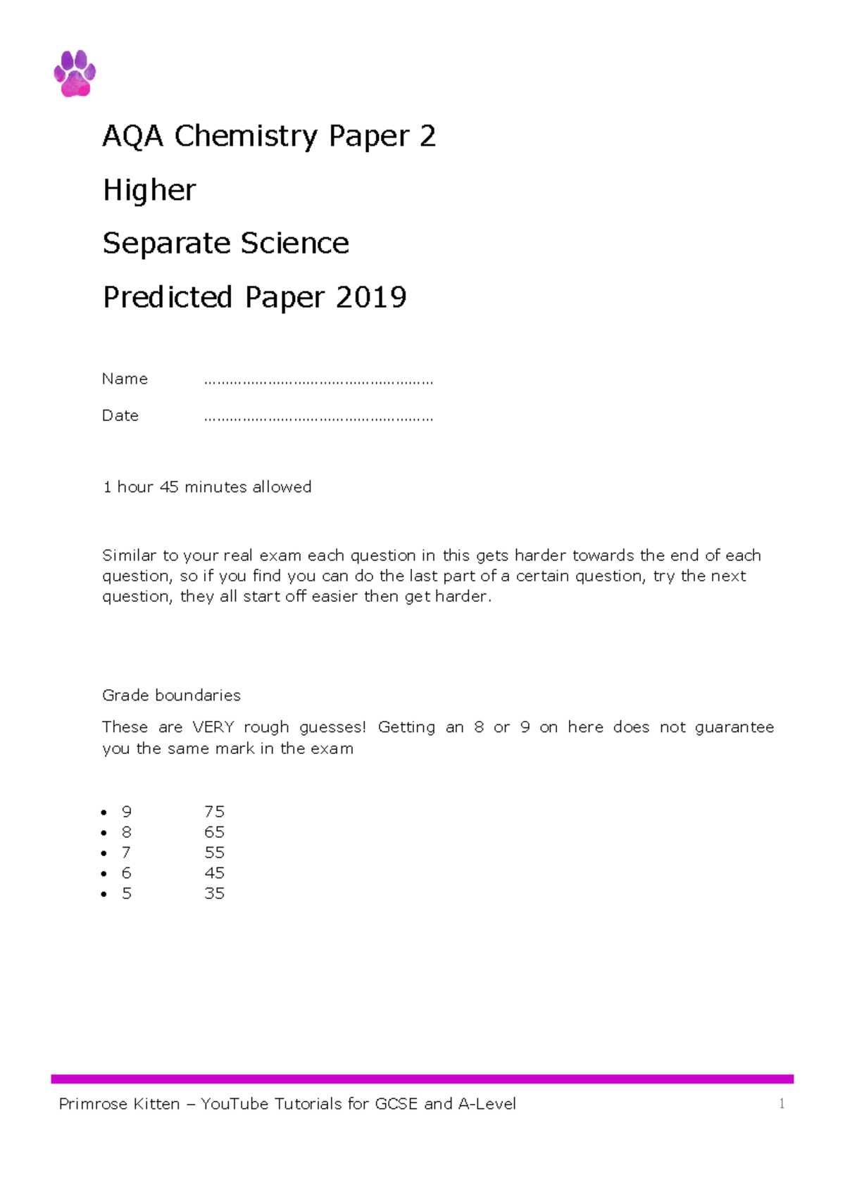 AQA Separate Science Chemistry Paper 2 Predicted Paper 2019 Final - AQA ...