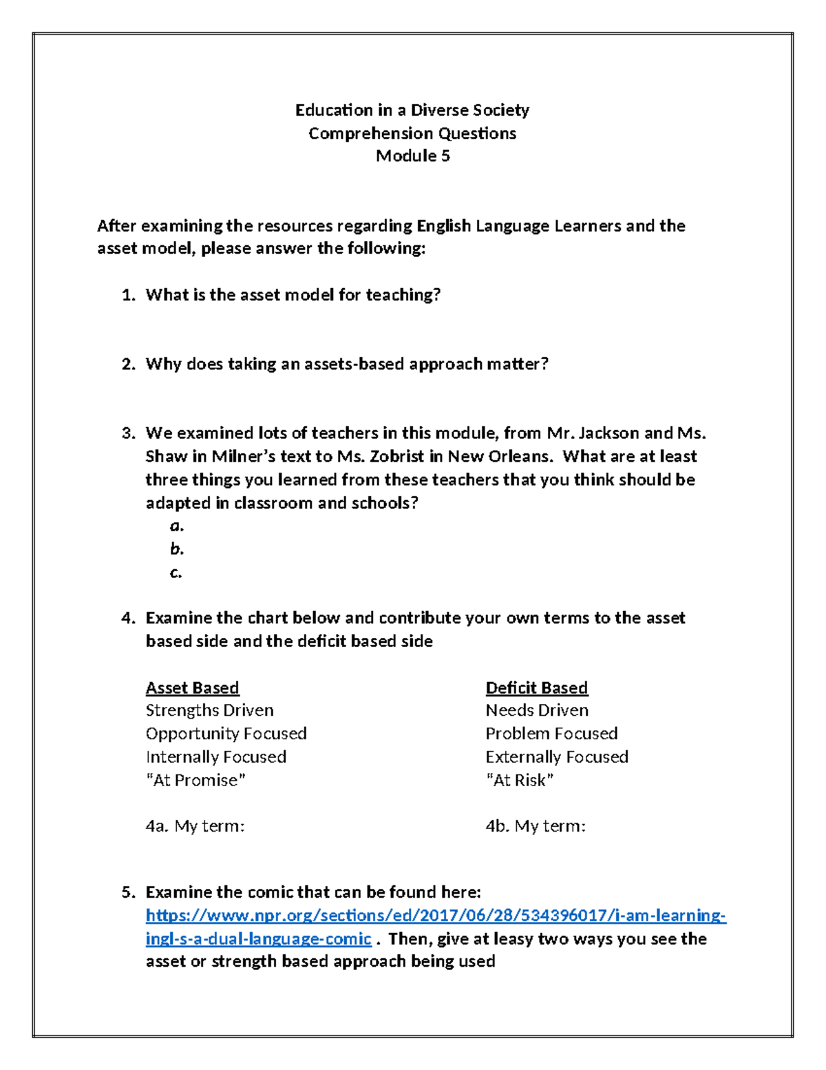 Module 5Comprehension Questions-1 - Education in a Diverse Society ...