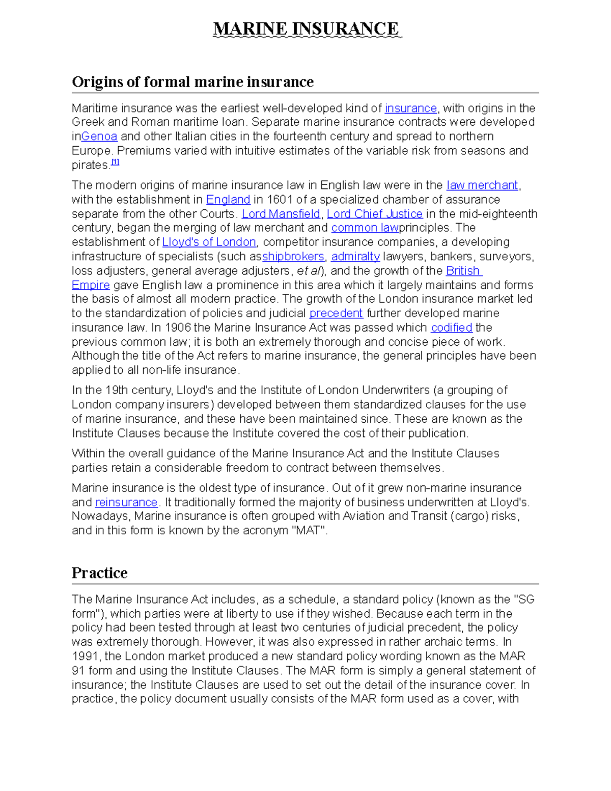 Maritime insurance - MARINE INSURANCE Origins of formal marine ...