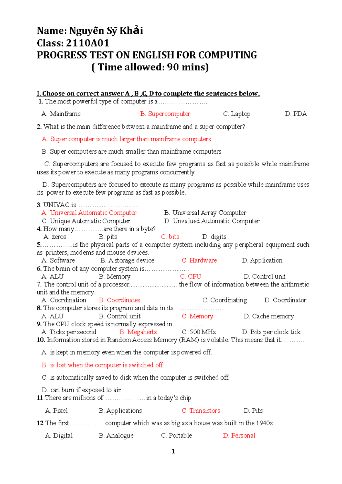 Middle TERM TEST - vbtl - Name: Nguyễễn Syễ Kh ải Class: 2110A PROGRESS ...