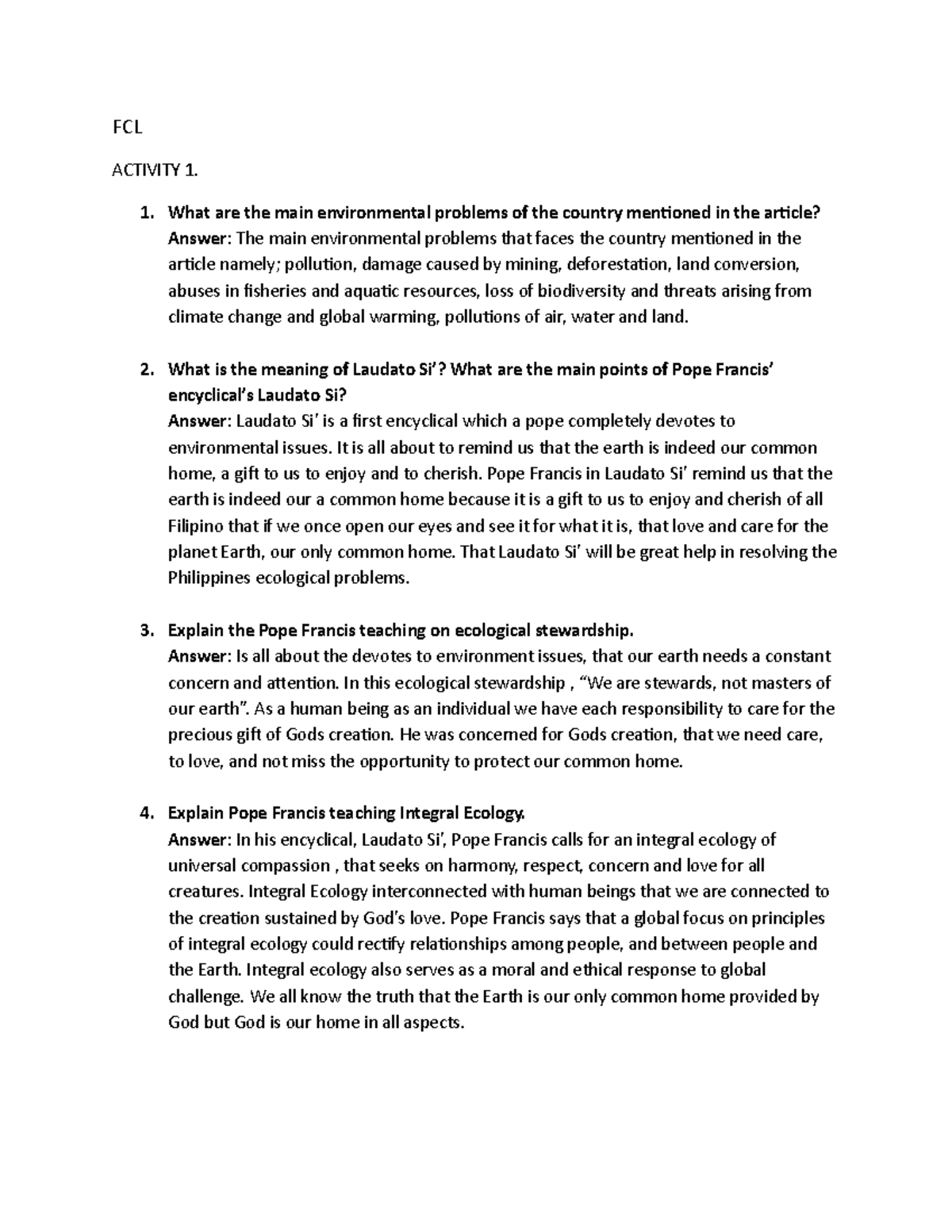 Environmental Science - FCL ACTIVITY 1. What are the main environmental ...