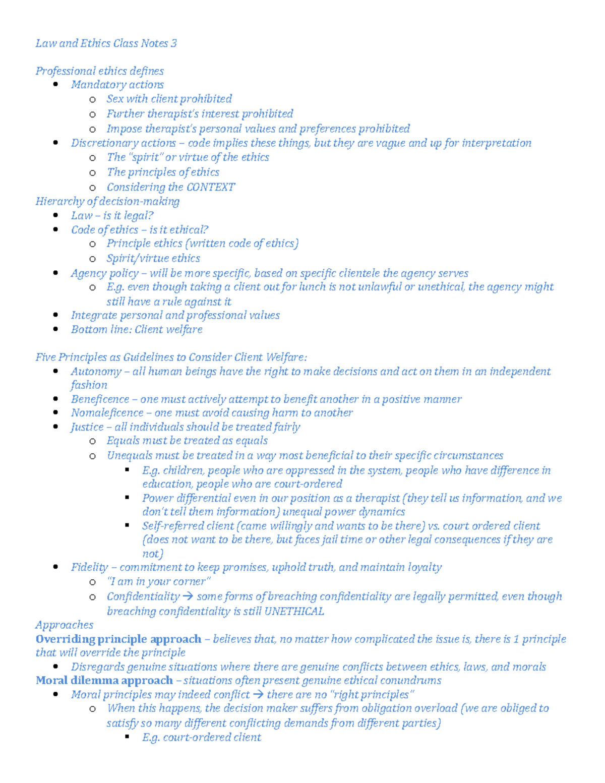 Law and Ethics Class Notes Making Ethical Decisions - Law and Ethics ...