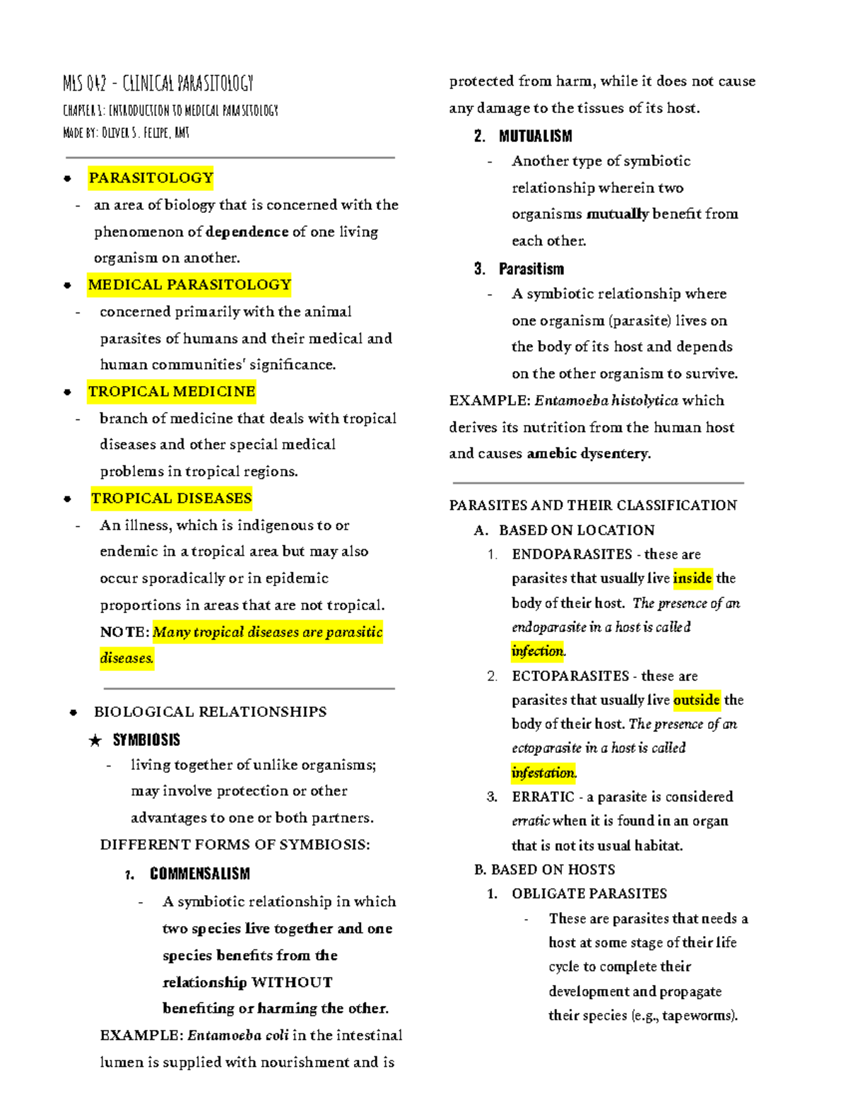 Introduction to Medical Parasitology PART I - MLS 042 - CLINICAL ...