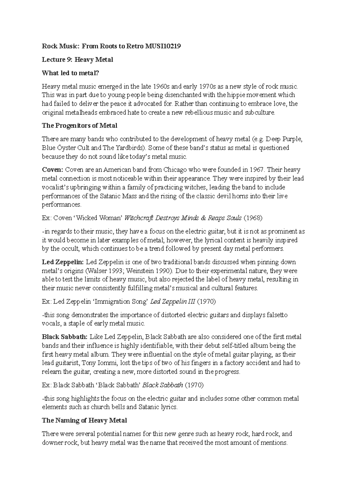 Heavy Metal Lecture Handout - Rock Music: From Roots to Retro MUSI ...